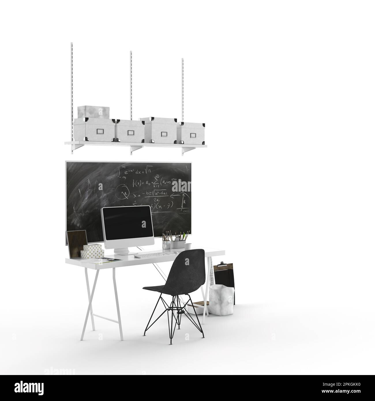 A desk and chair in front of a chalkboard on a white background, 3D ...