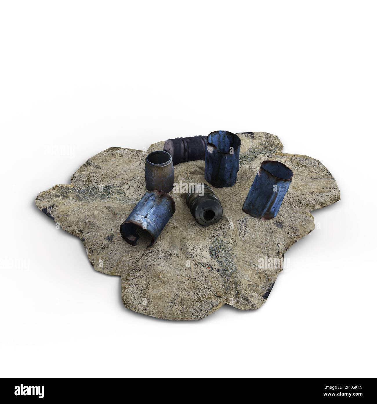 A number of blue metal pipes placed atop a large boulder against a ...