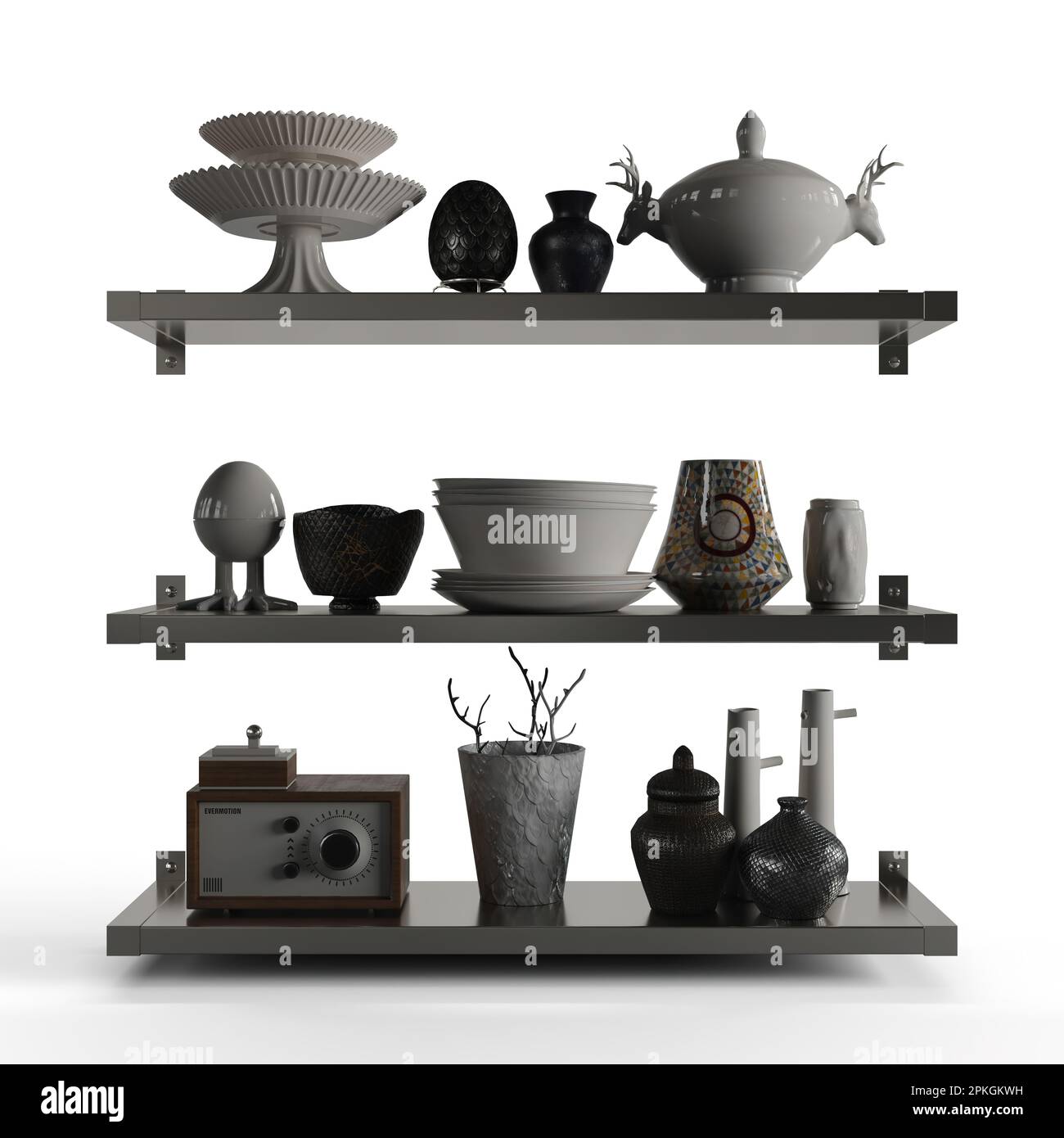 Three shelves with an array of various unique vases on display, 3D ...
