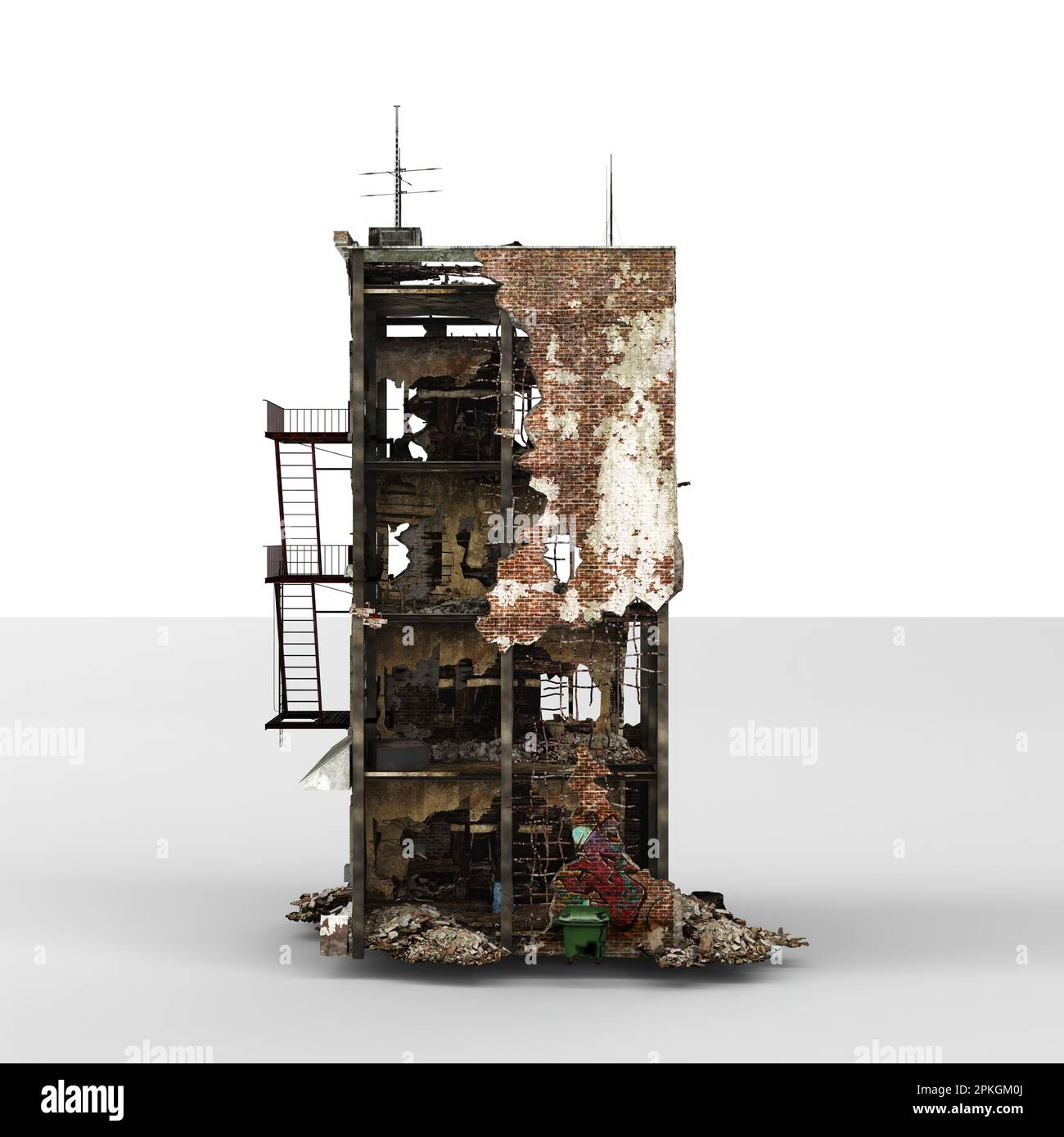An old abandoned building with broken walls and windows against a white ...