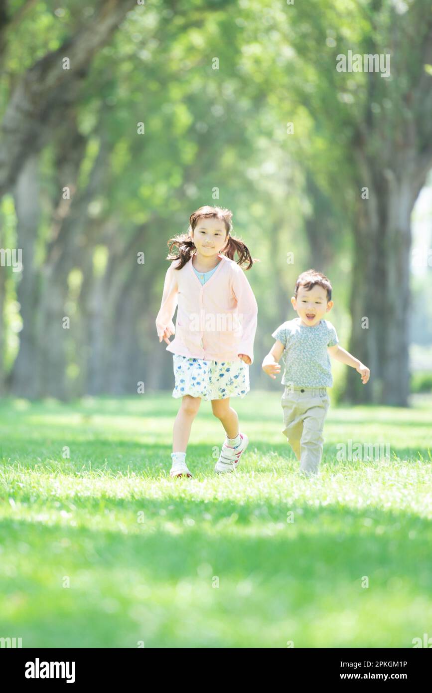 Sister and brother running along poplar trees Stock Photo - Alamy
