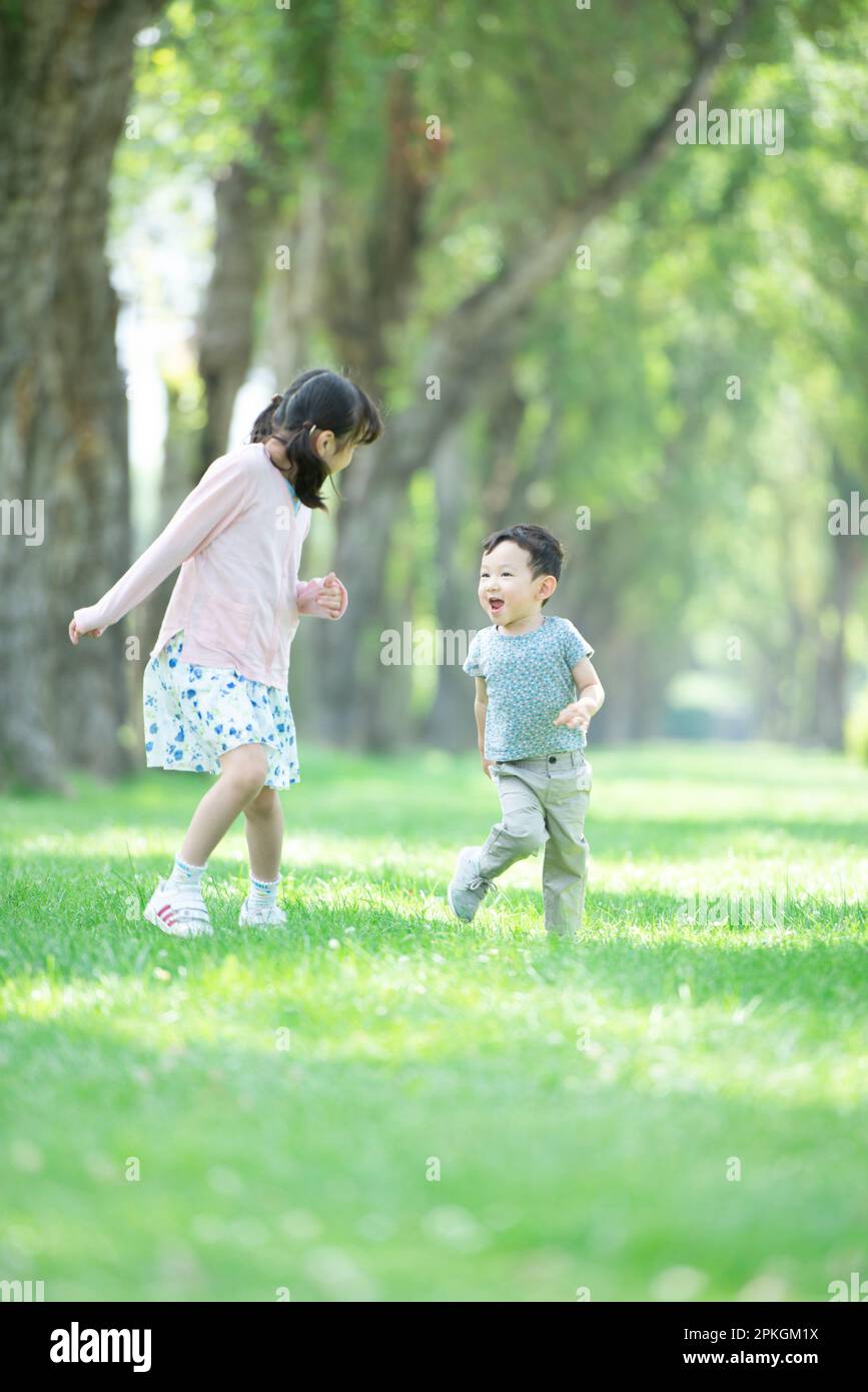 Sister and brother running alongside poplar trees Stock Photo - Alamy
