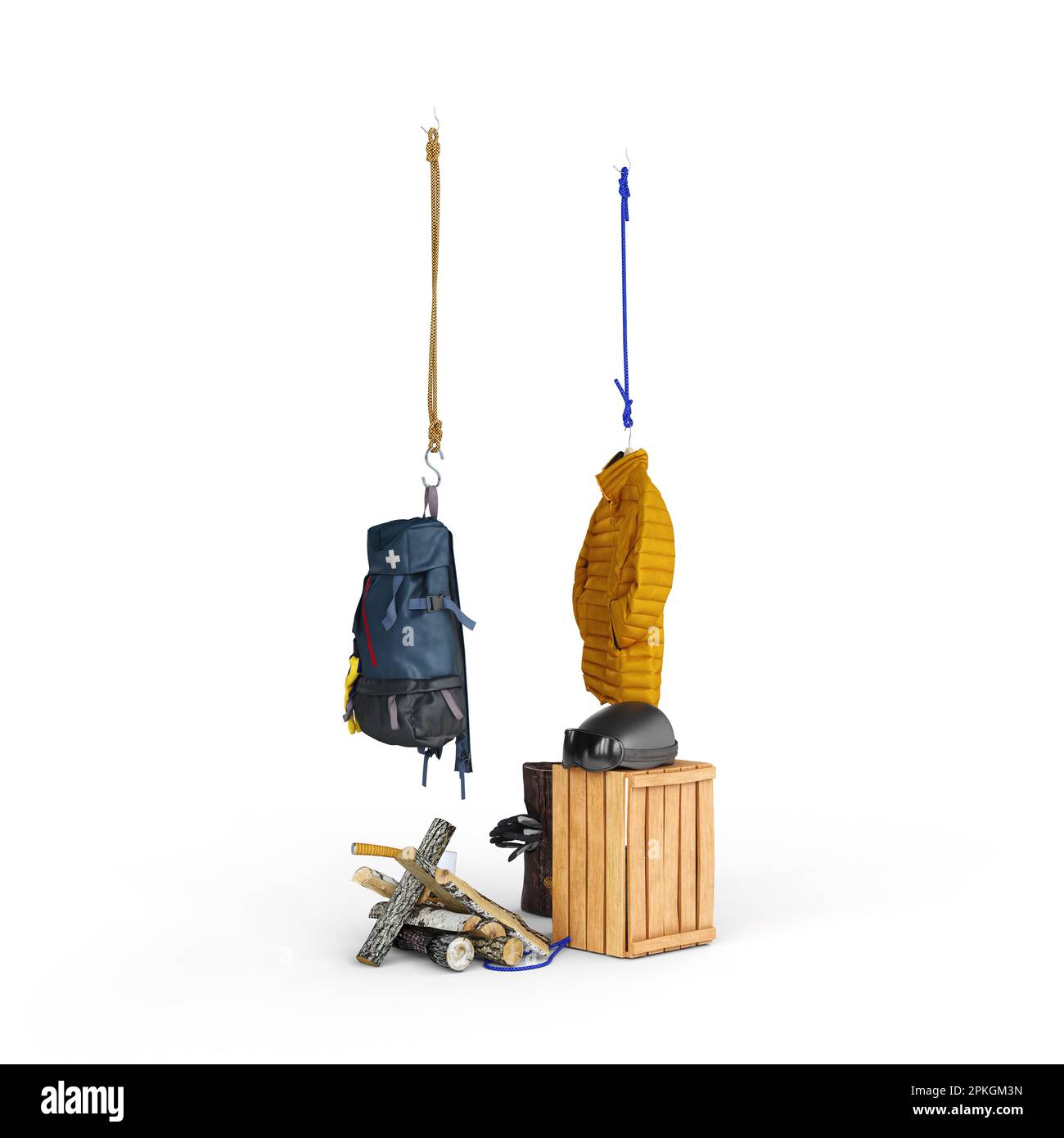 A camping backpack, a yellow coat hanging against a white background ...
