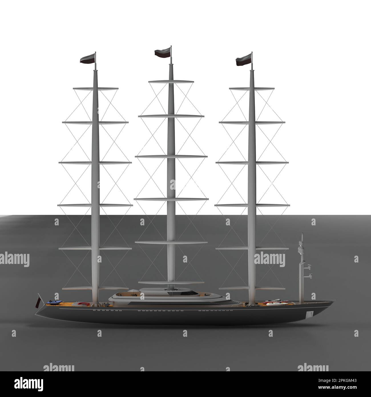A vintage sailing vessel drifting afloat a grey surface, with a ...