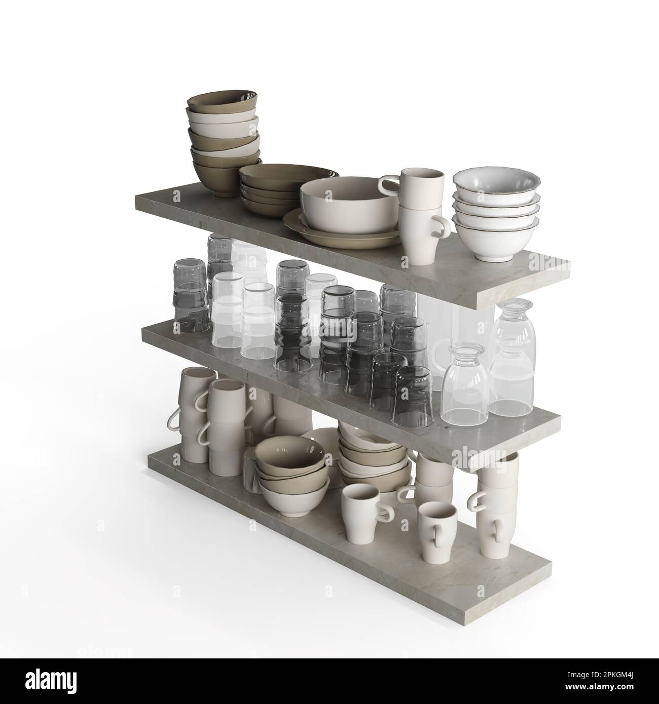 An organized stack of plates and cups on a white shelf, arranged in a ...