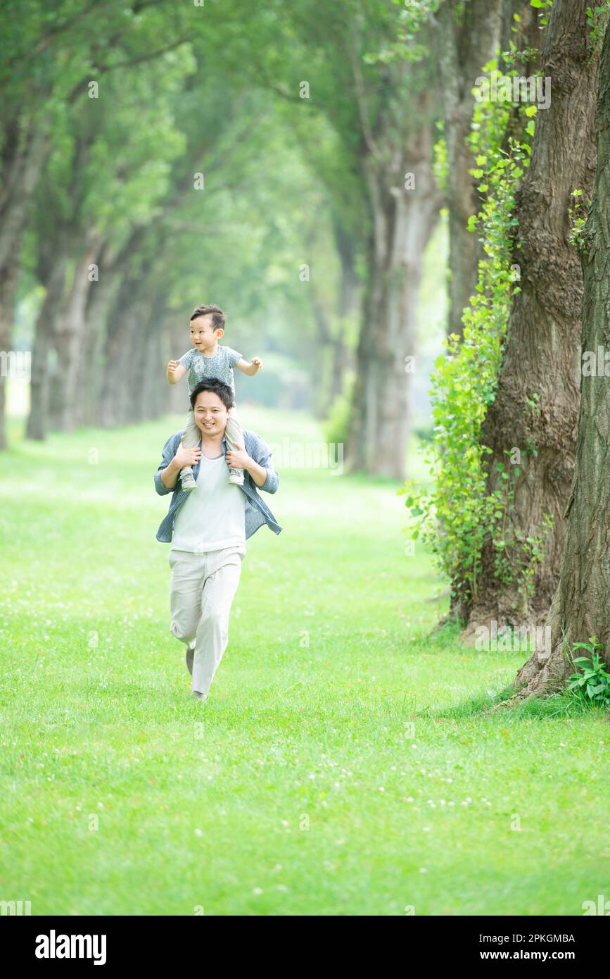 Parent and child riding on each other's shoulders in a row of poplar ...