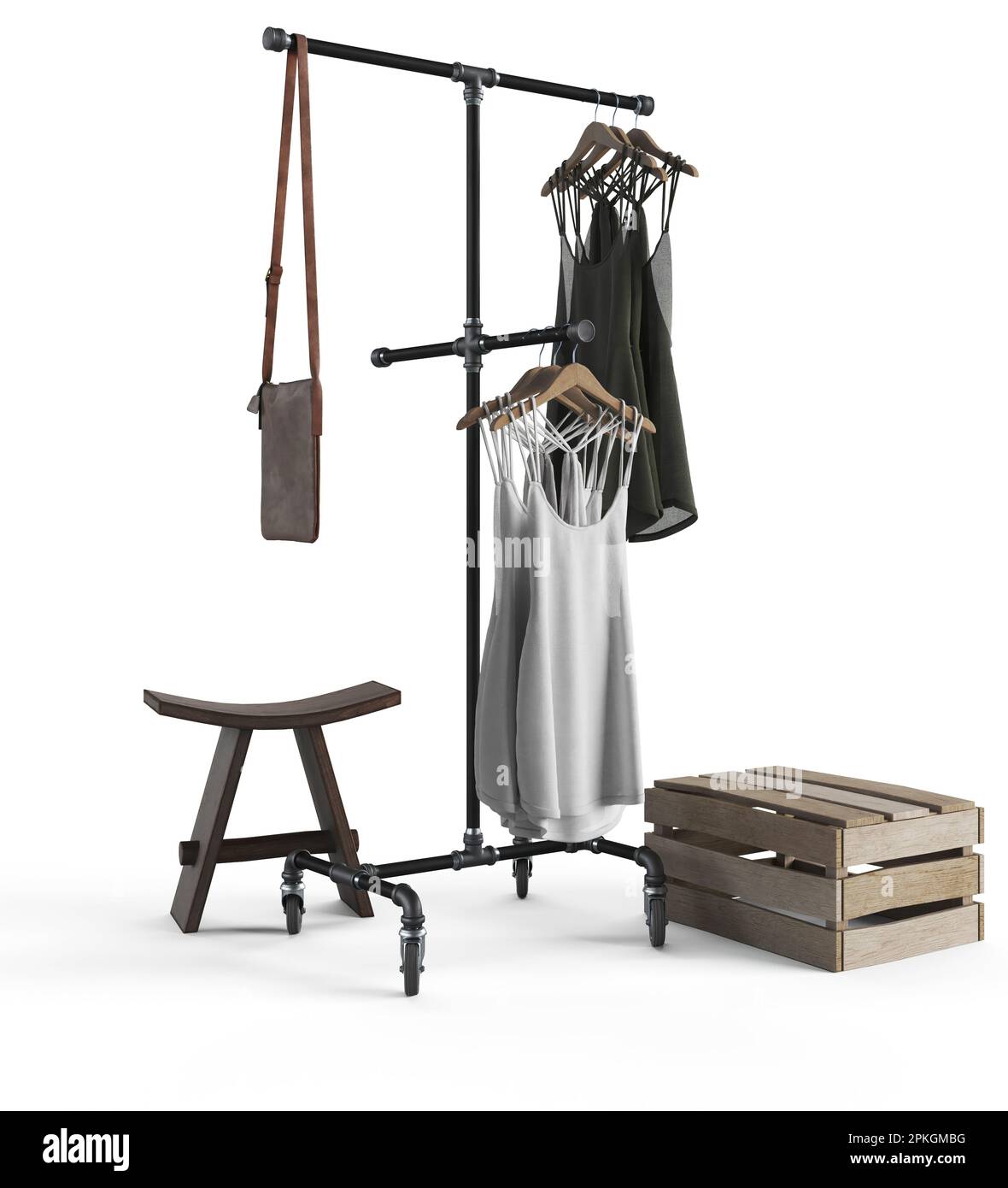 A metal clothes rail and stool set against a white background, 3D ...