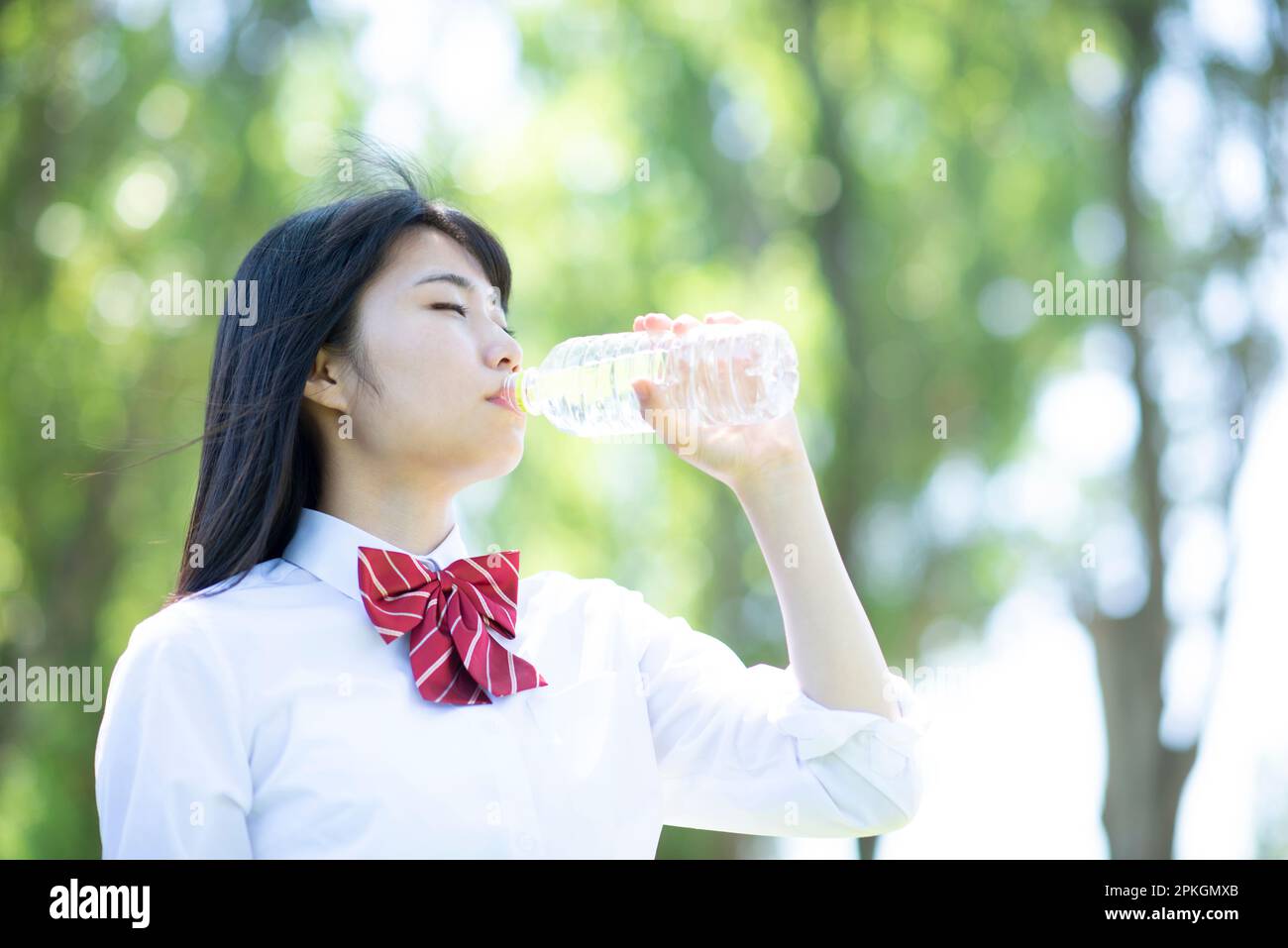 Female students rehydrating at a row of poplar trees Stock Photo - Alamy