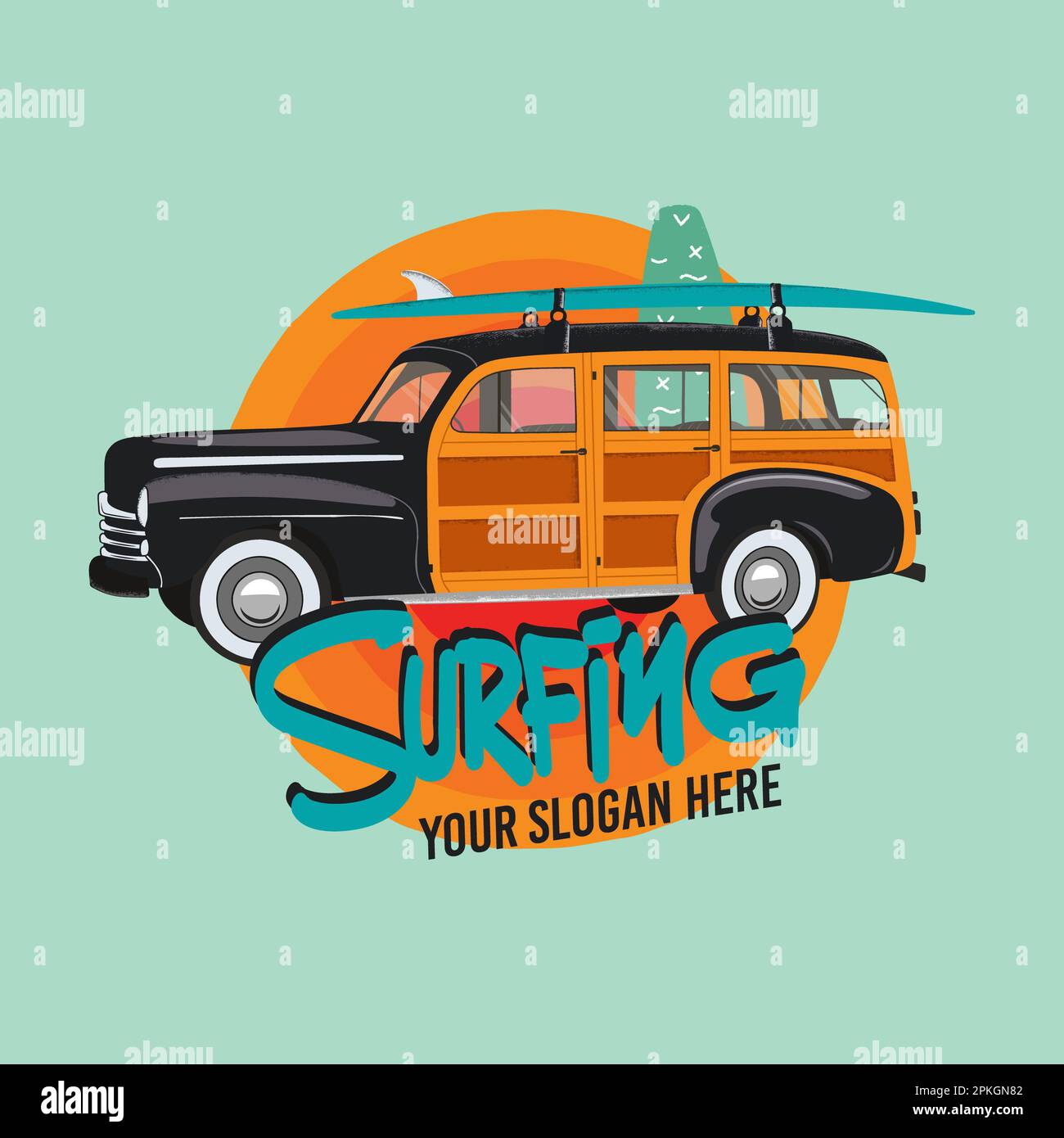 Summer sufing badge design with surf car and surfboard. Travel logo ...