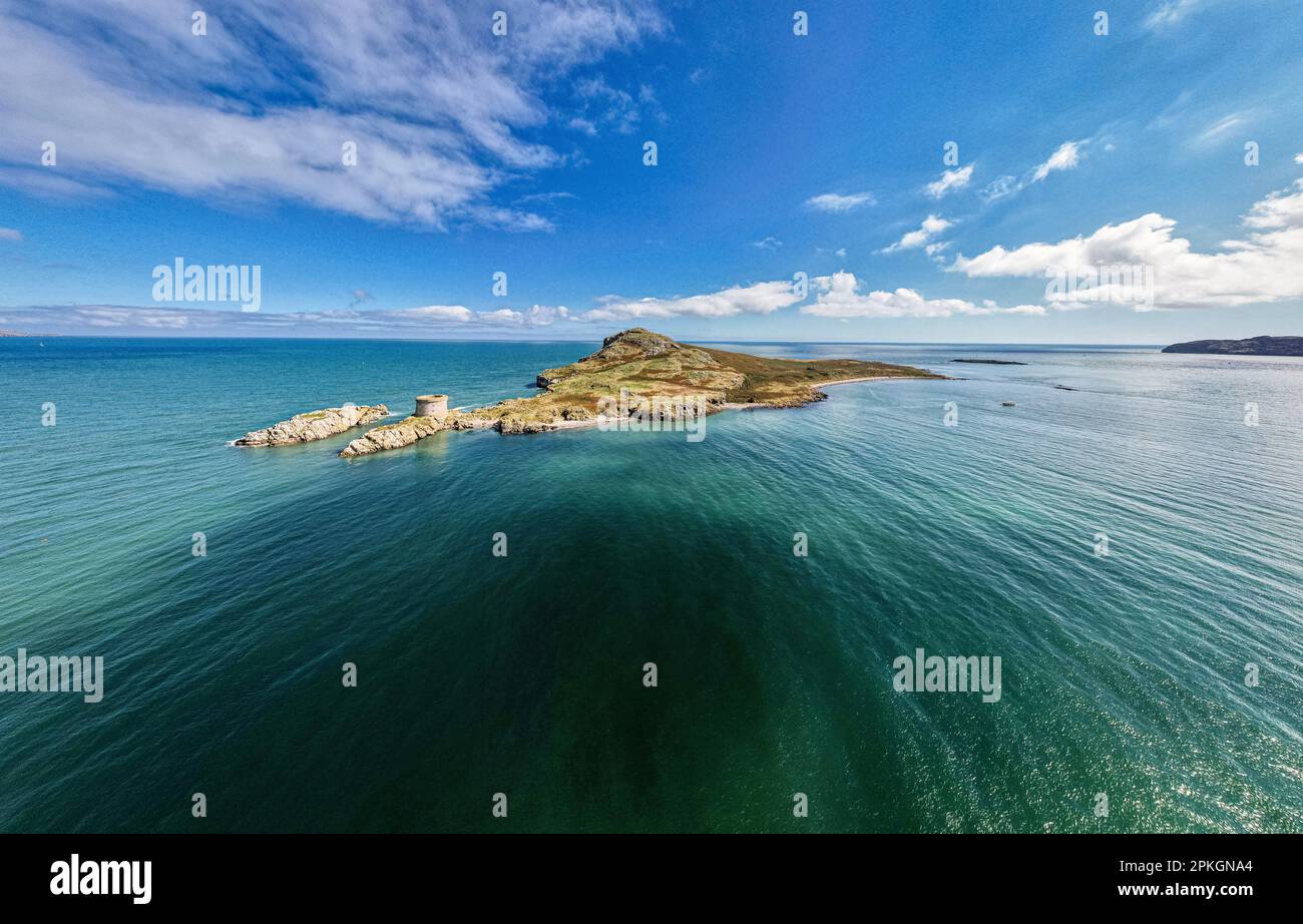 Aerial image of Irelands Eye island during a bright sunny day with calm ...