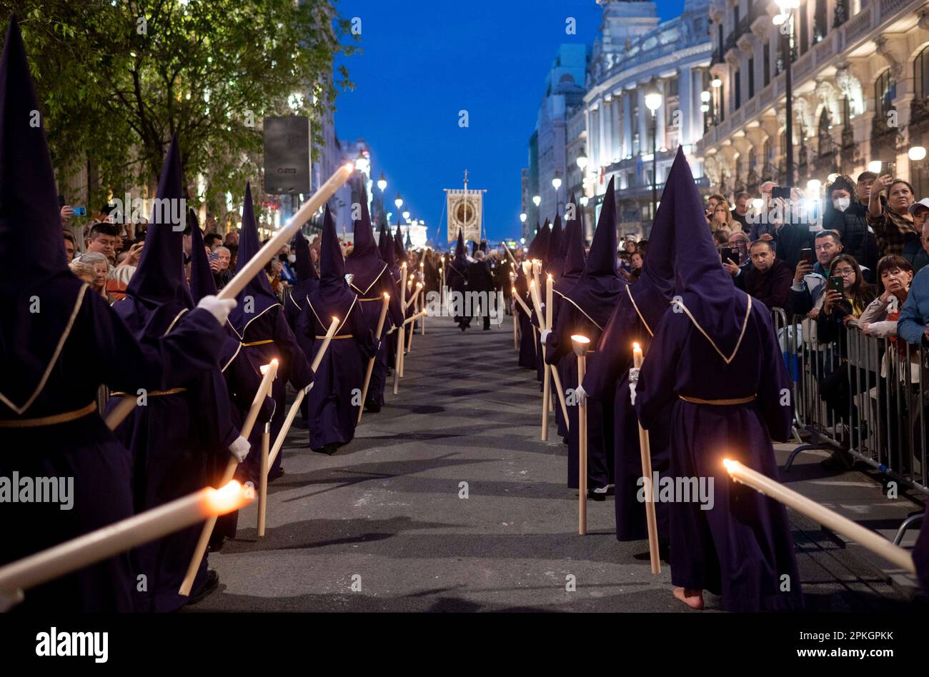Nazarenes during the procession of the Christ of Medinaceli, on April 7 ...