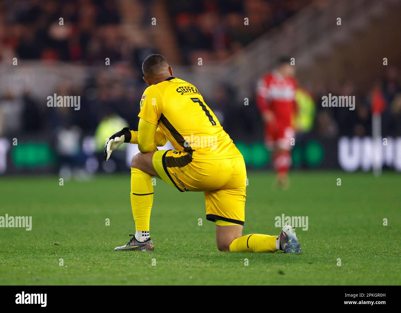Middlesbrough goalkeeper Zack Steffen reacts following the Sky Bet ...