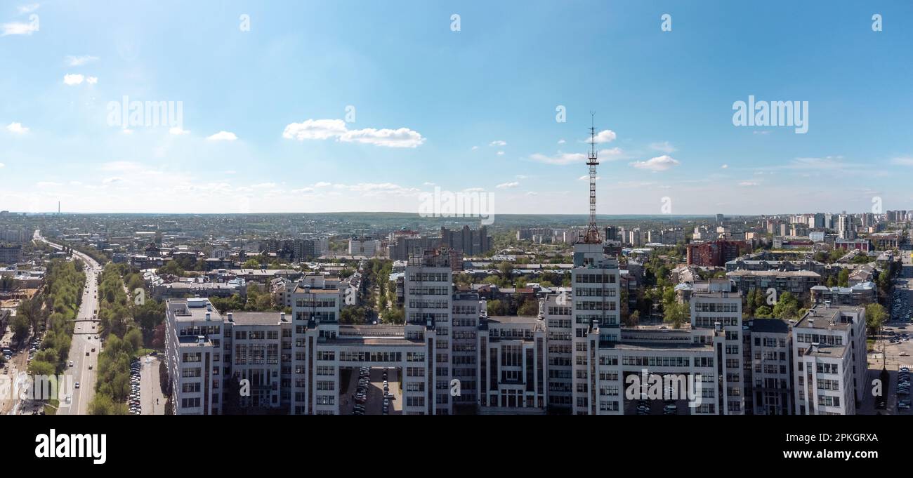 Aerial panorama on Derzhprom building with blue sky cloudscape in ...