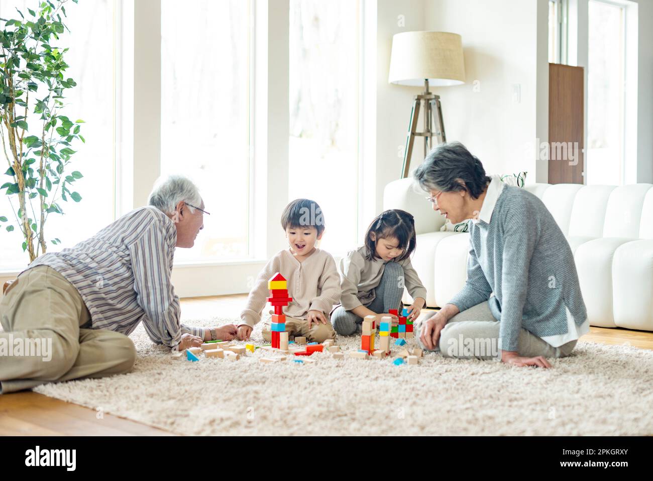 Grandparents and grandchildren playing with building blocks Stock Photo ...