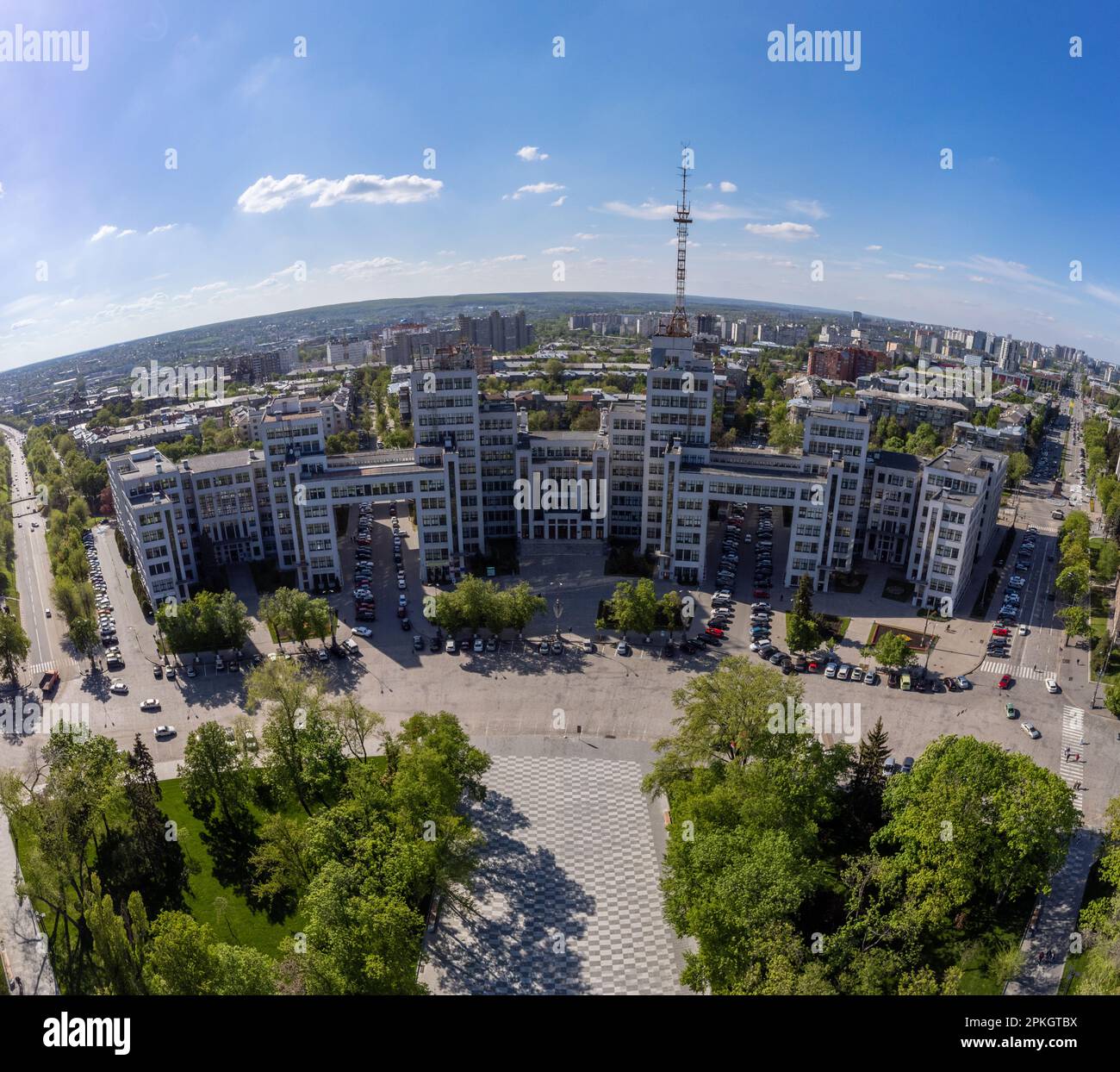 Aerial panorama of Derzhprom building with blue cloudscape in spring ...