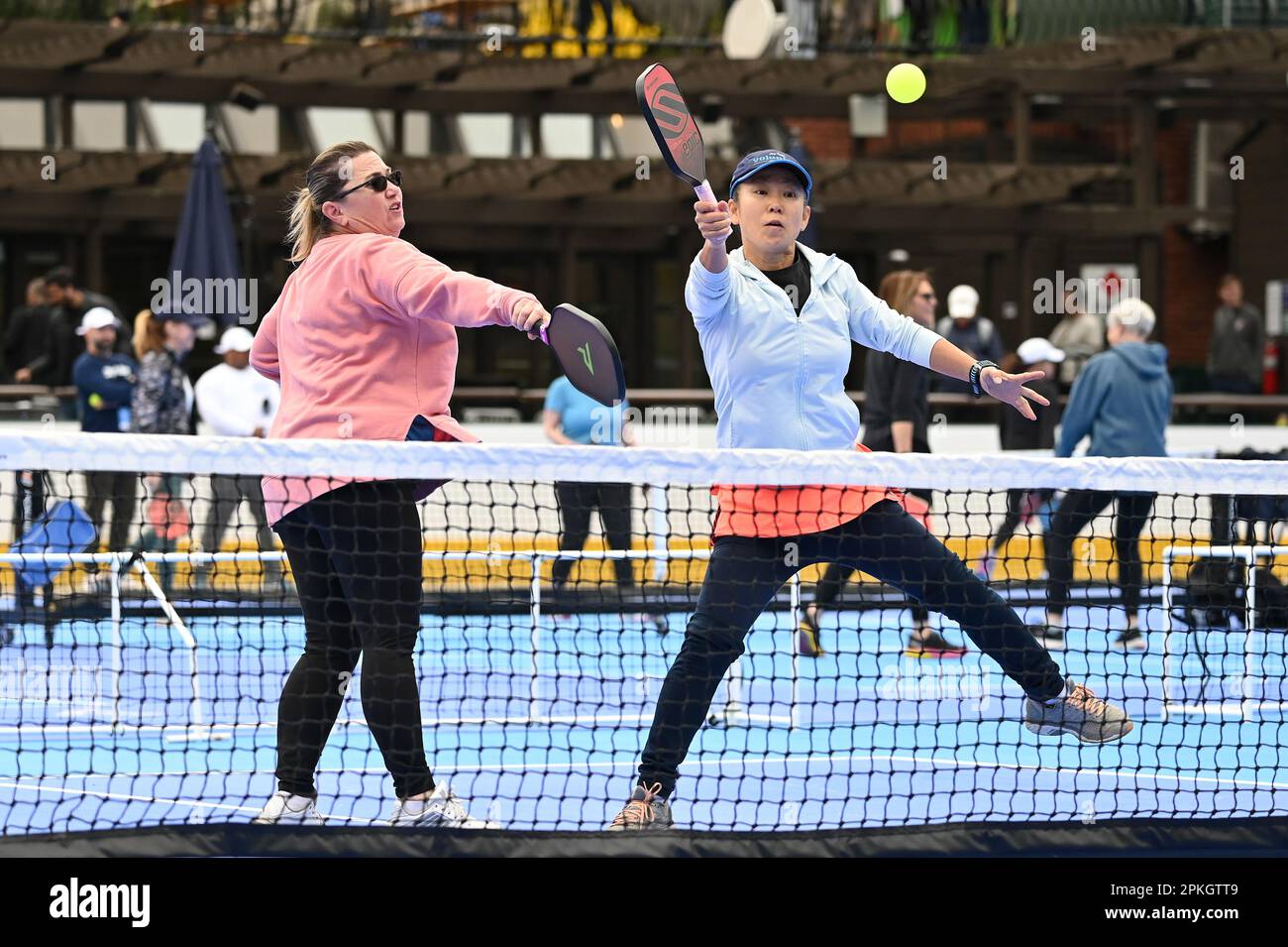 New York, USA. 07th Apr, 2023. Sumi Lee (r) returns a shot as she plays ...