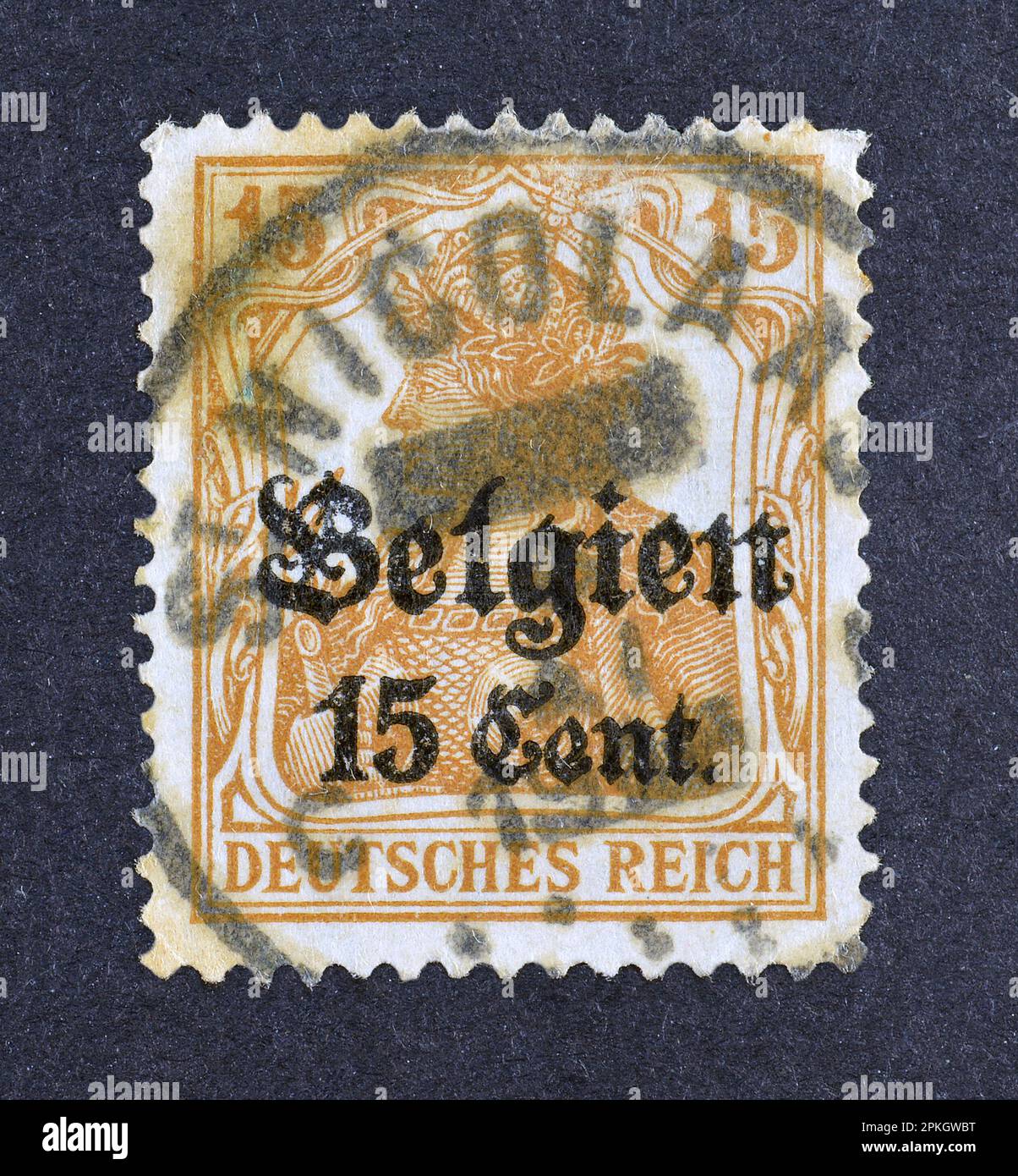 Cancelled postage stamp printed by German occupation, Belgium, that ...