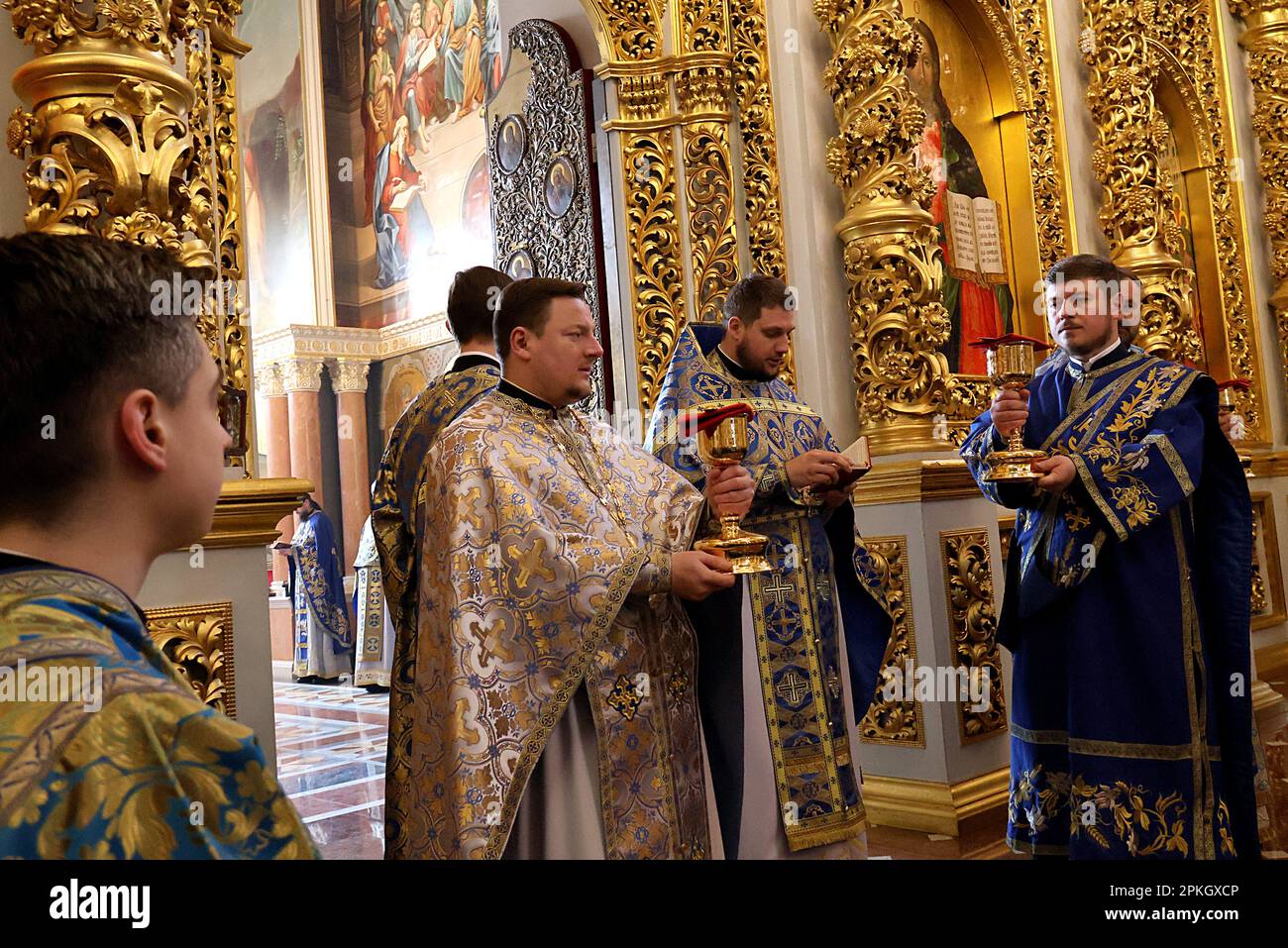 KYIV, UKRAINE - APRIL 07, 2023 - Priests are seen during the liturgy on ...