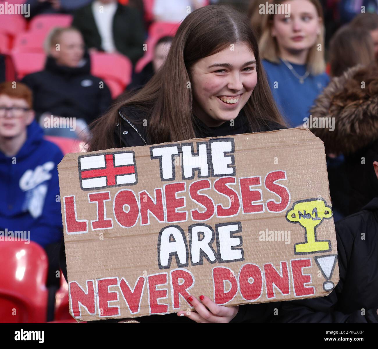 London, UK. 6th Apr, 2023. An England fans holds up a sign saying “The ...