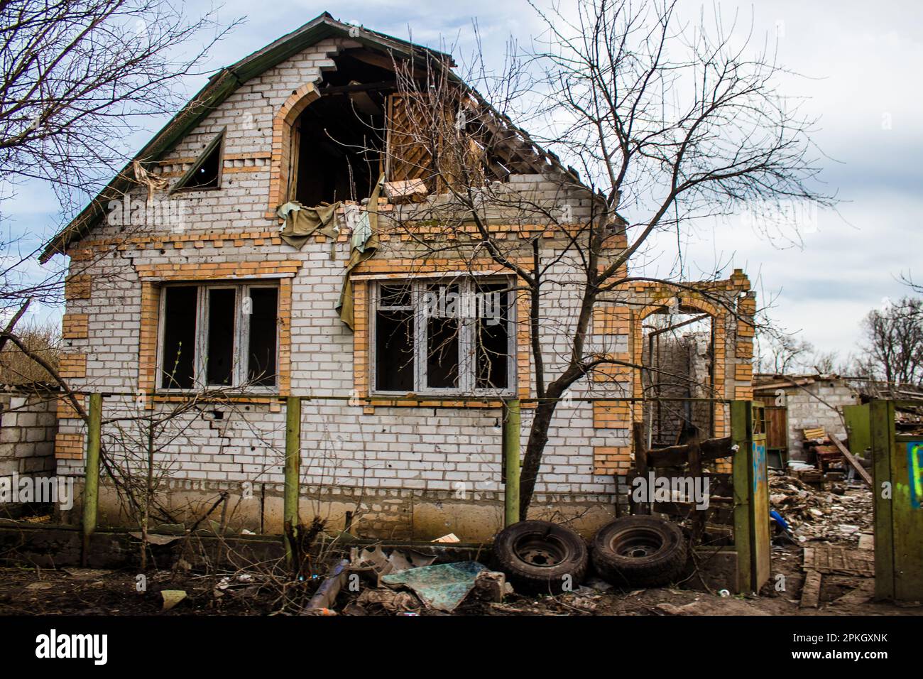 Destroyed house in the village of Terny in Donbass in Ukraine. This is ...
