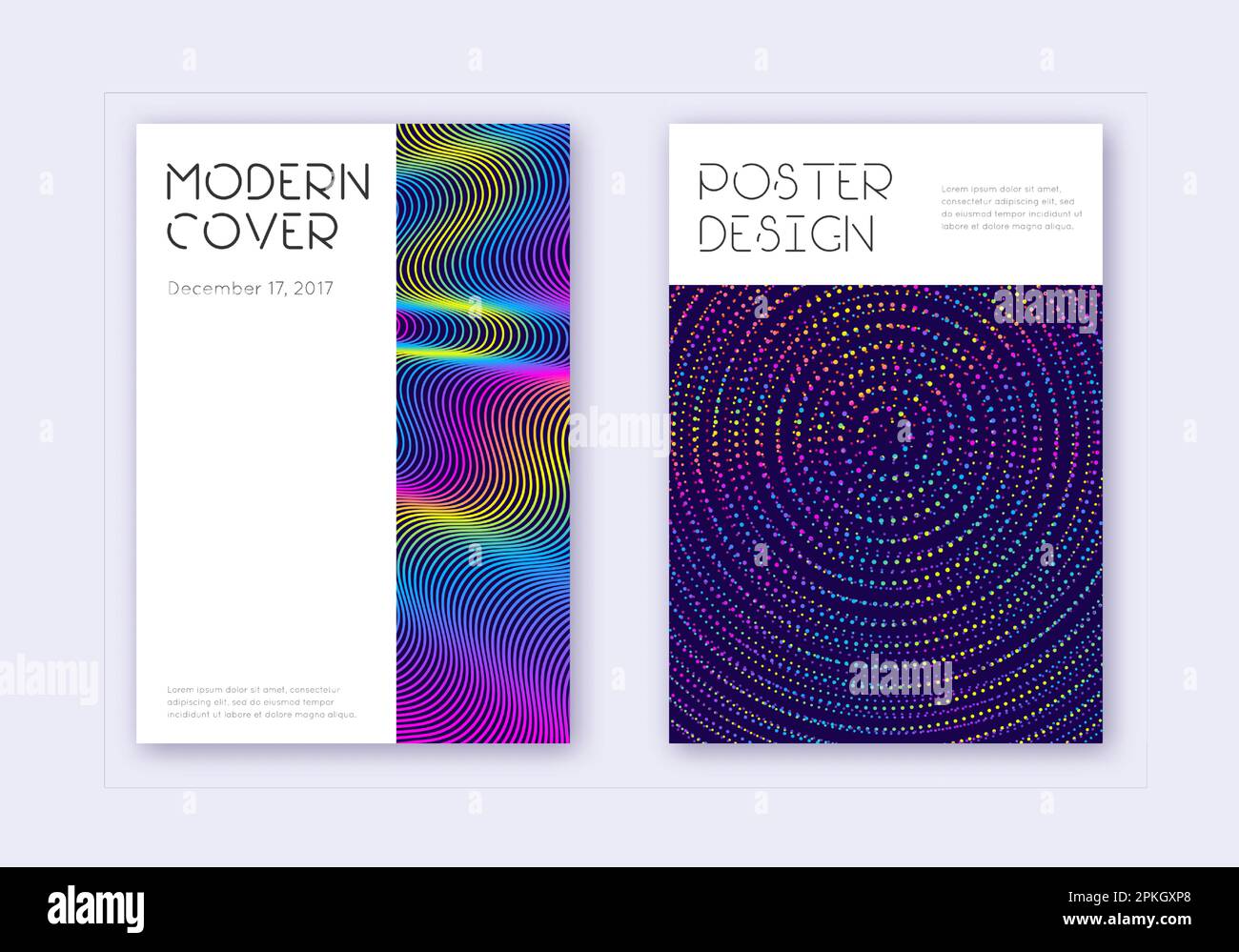 Minimal cover design template set. Rainbow abstract lines on dark blue ...