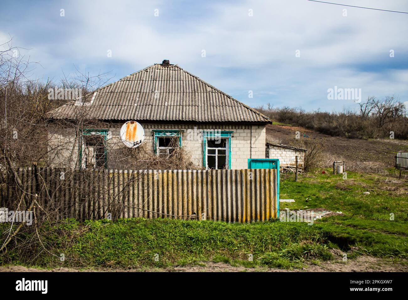Destroyed house in the village of Terny in Donbass in Ukraine. This is ...