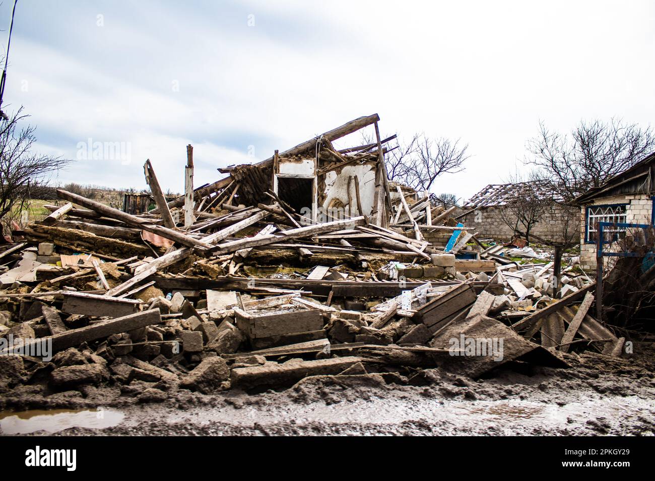 Destroyed house in the village of Terny in Donbass in Ukraine. This is ...