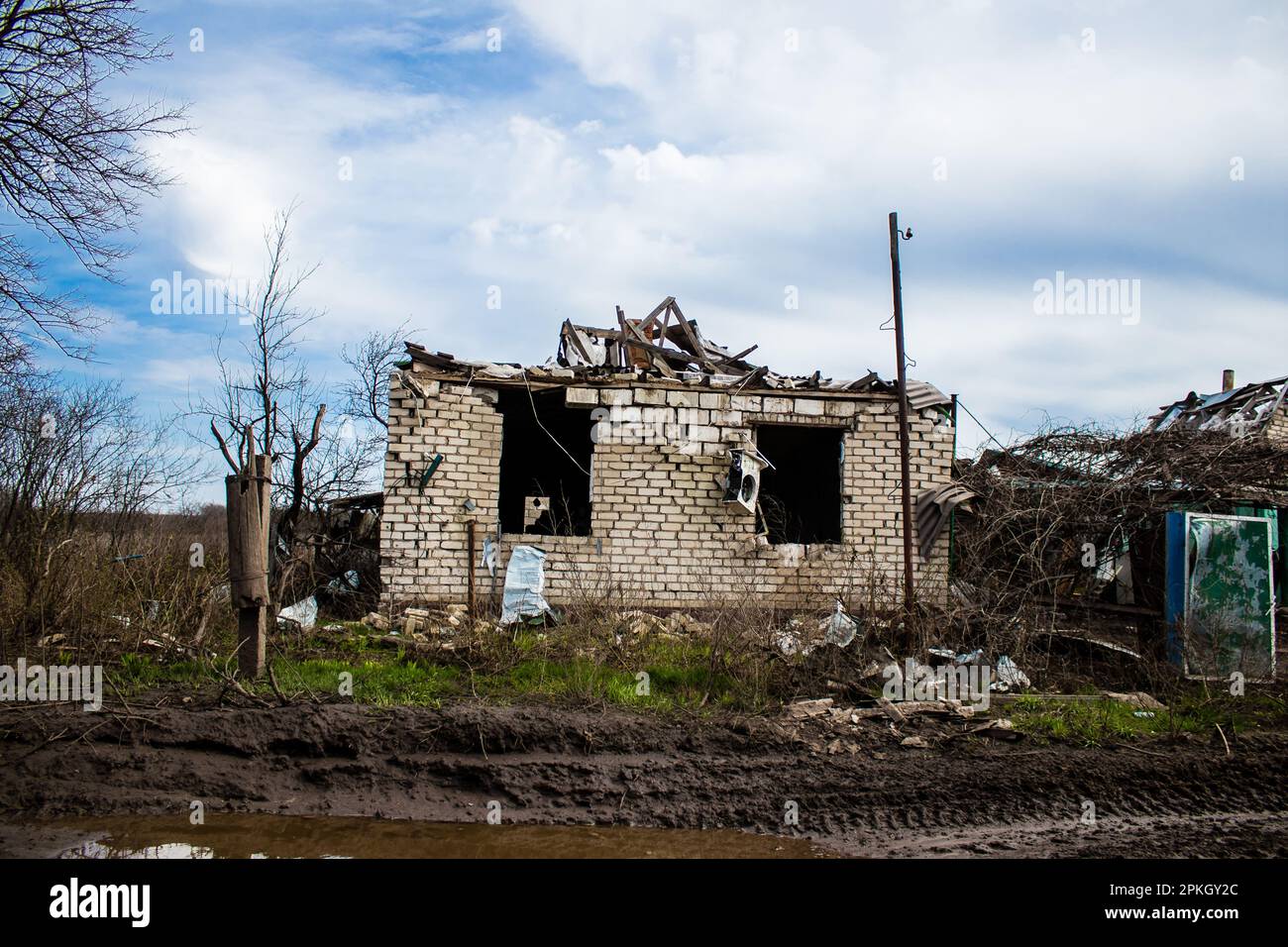 Destroyed house in the village of Terny in Donbass in Ukraine. This is ...