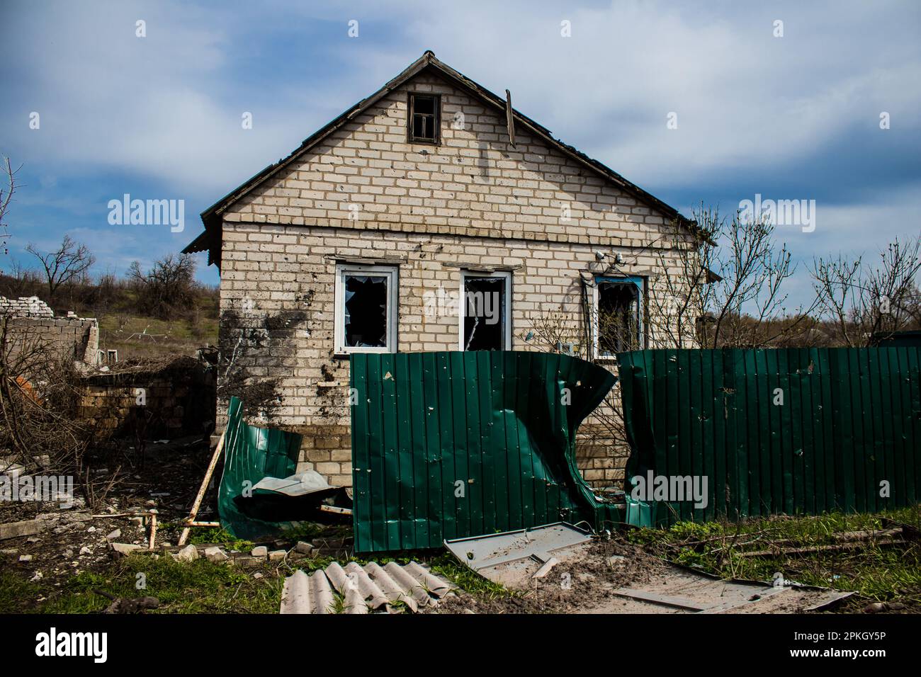 Destroyed house in the village of Terny in Donbass in Ukraine. This is ...