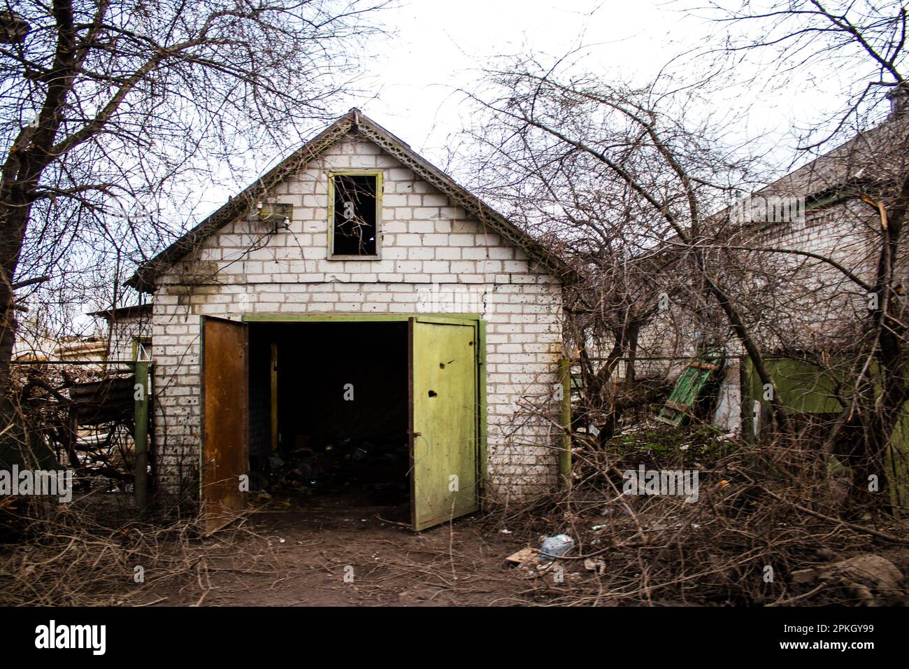 Destroyed house in the village of Terny in Donbass in Ukraine. This is ...