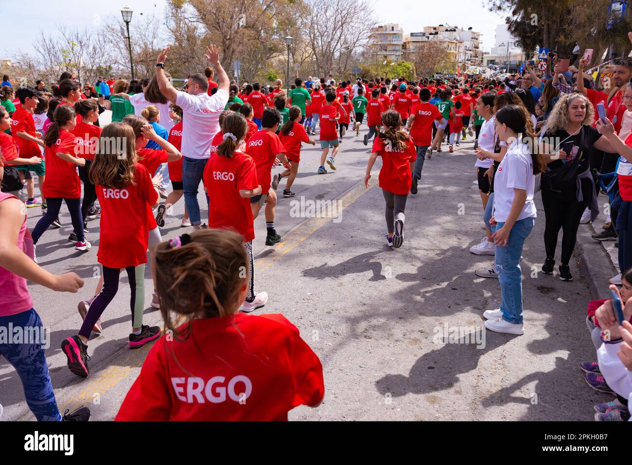 HERAKLION, CRETE, GREECE, APRIL 2, 2023. School children runners ...
