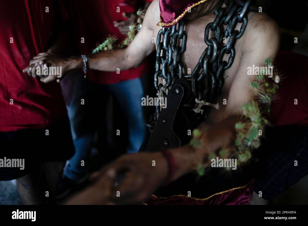 A penitent in chains, with cacti stuck to his arms, is led by a ...