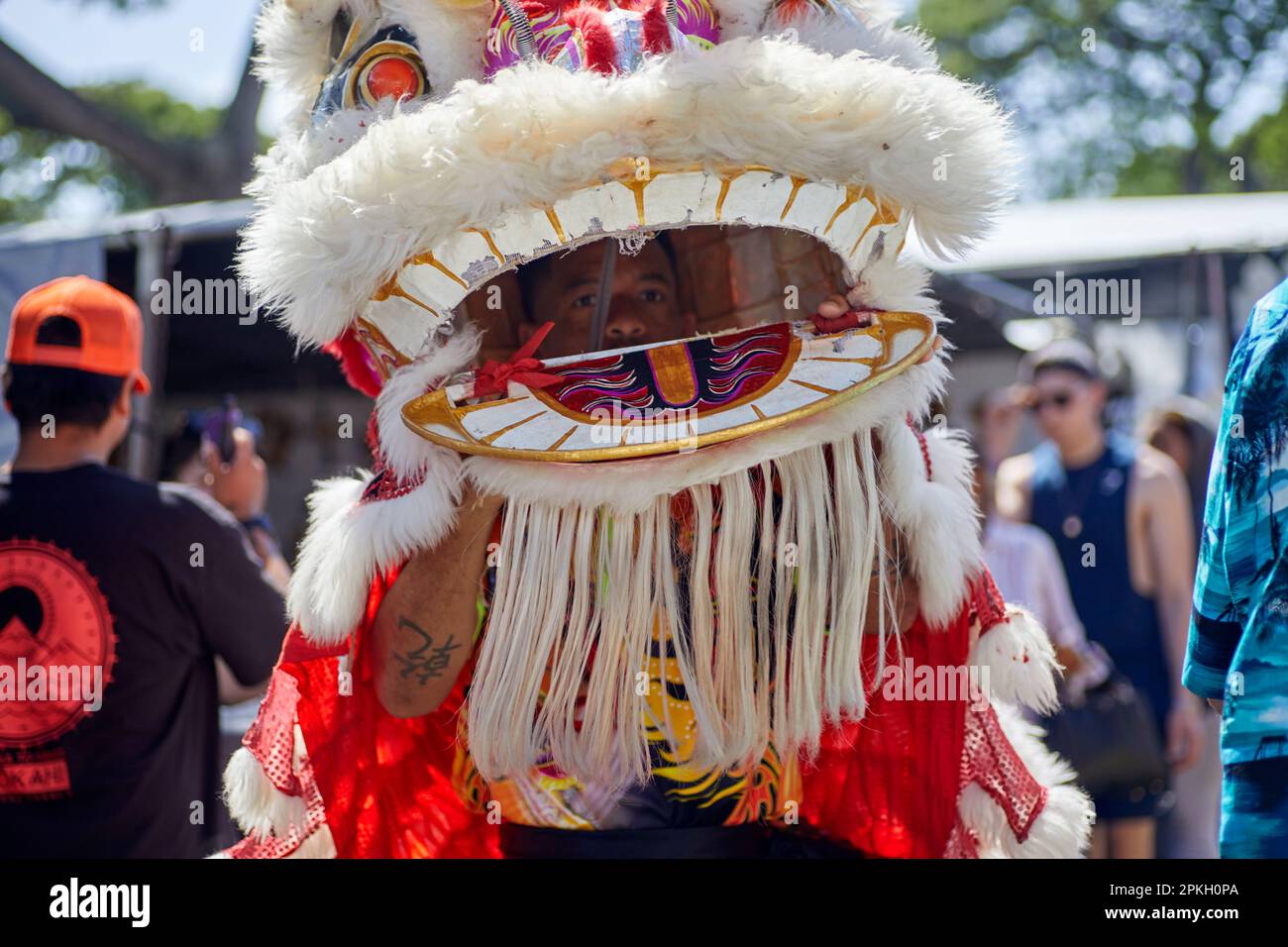 Honolulu, Oahu, Hawaii, USA, - February 11, 2023: A man in traditional ...