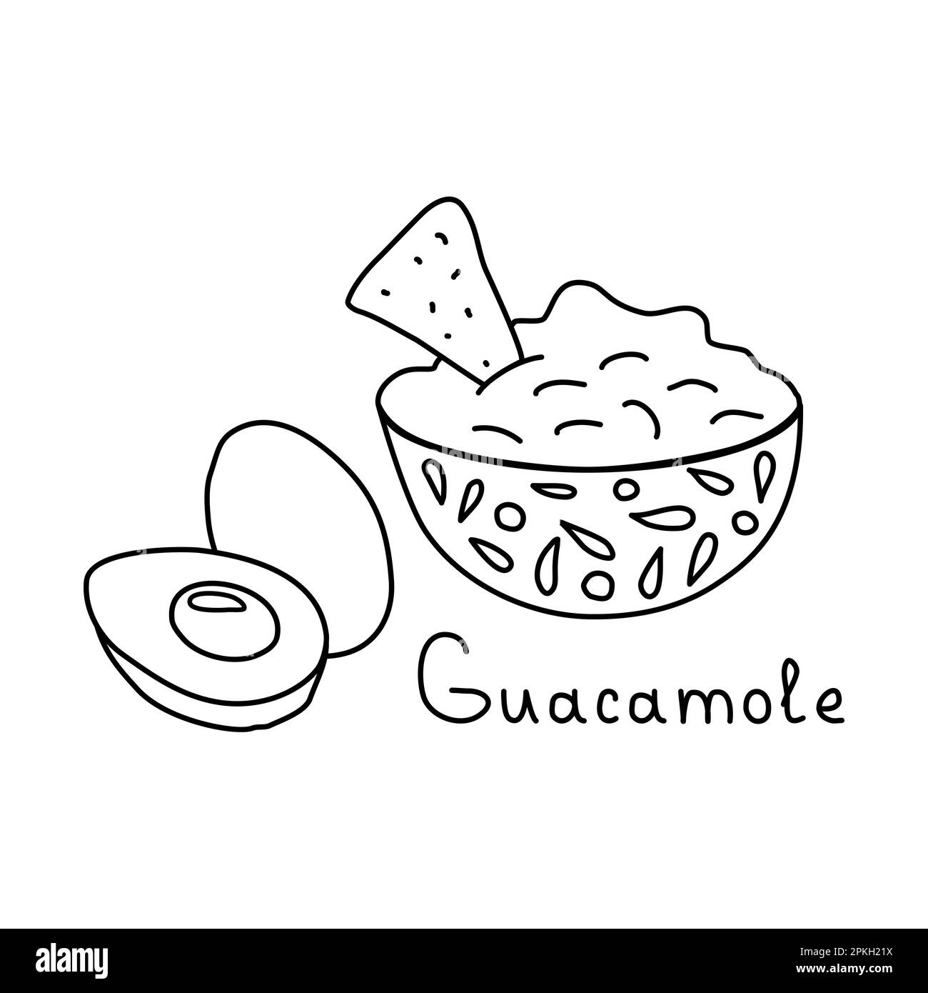 Mexican food guacamole in bowl with avocado and nachos, doodle style ...