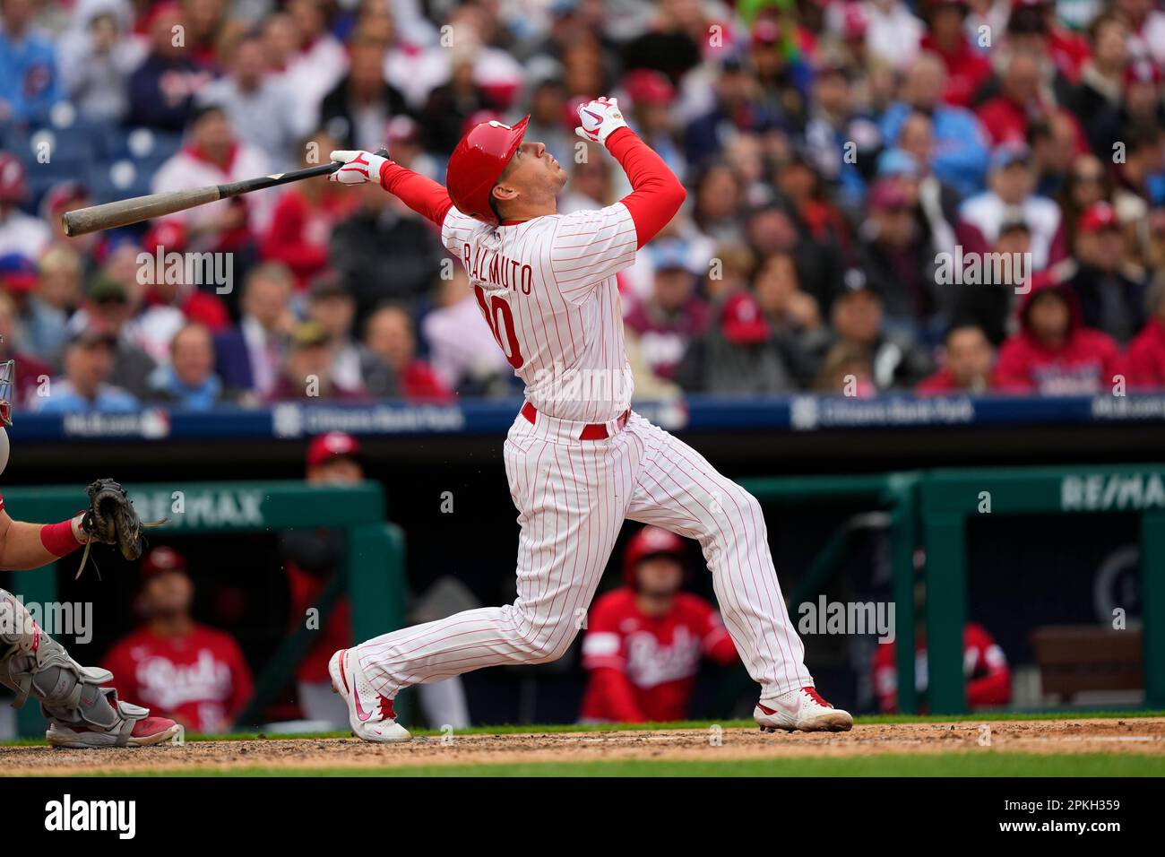 Philadelphia Phillies' J.T. Realmuto during the fifth inning of a baseball game, Friday, April 7 ...