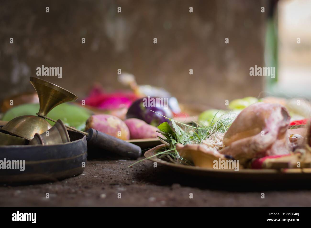 Boron dala and other puja essentials like kasar ghanta etc kept ...