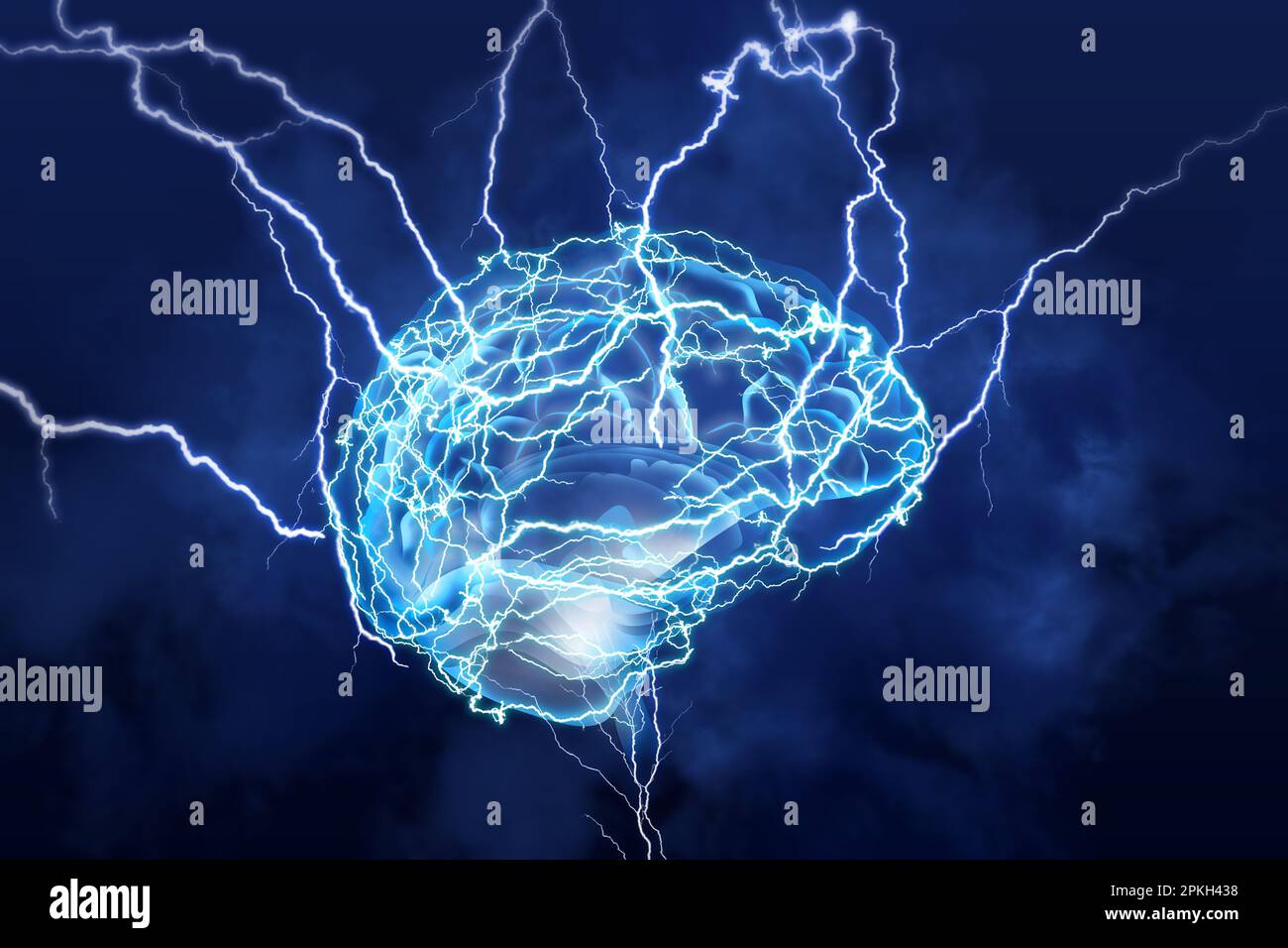 Illustration of human brain with lightning strikes on blue background ...