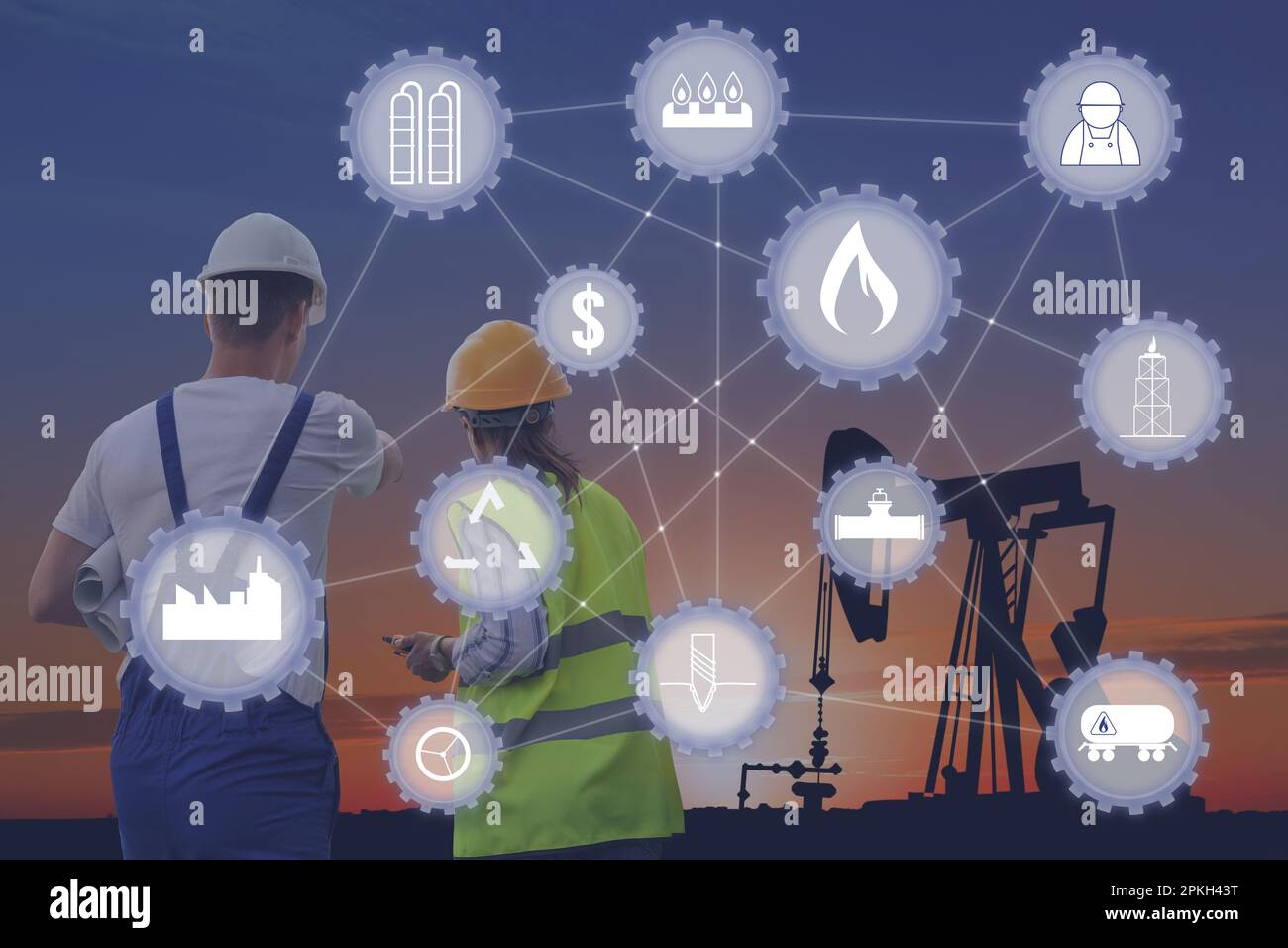 Professional engineers, illustration of different icons and gas pumps ...