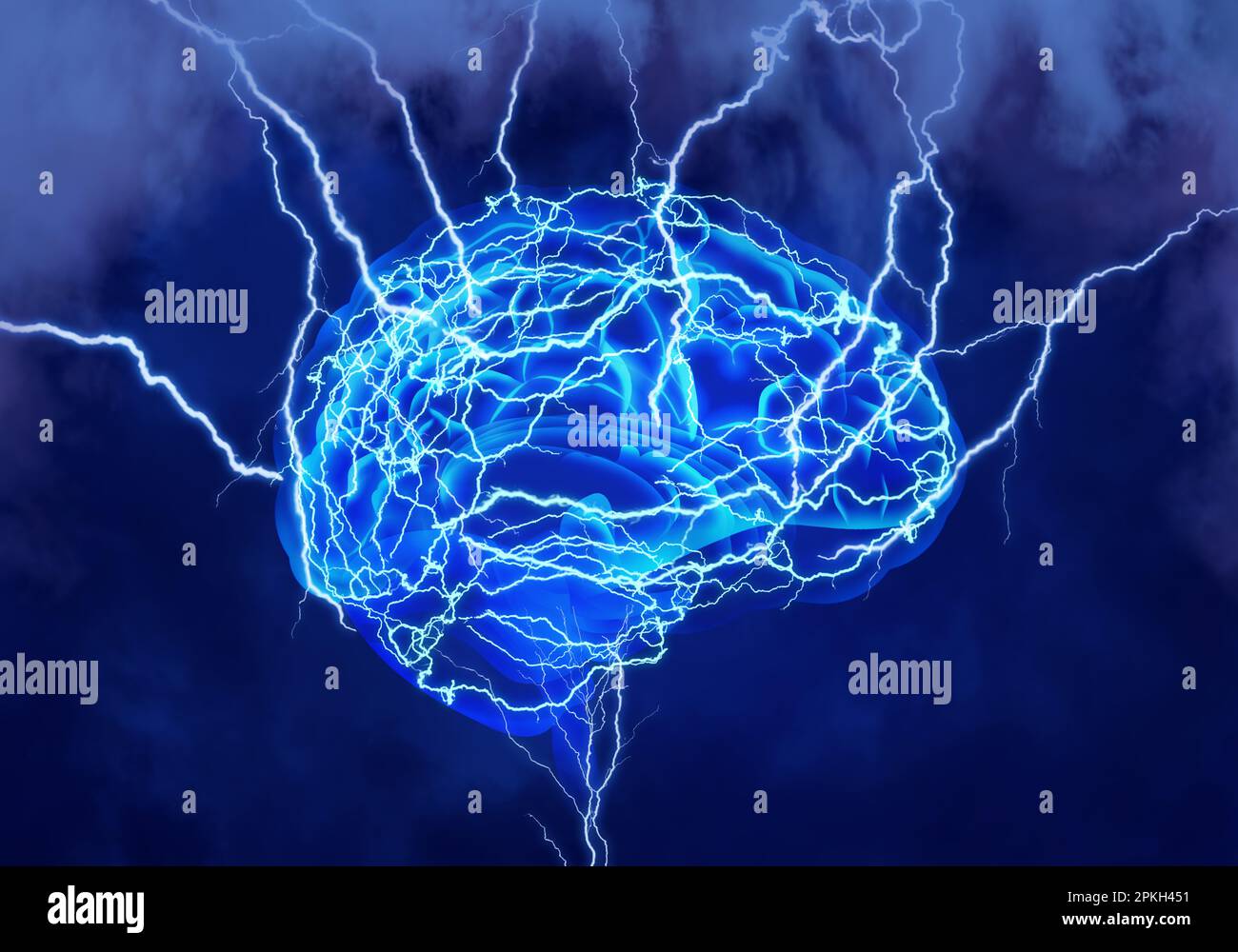 Illustration of human brain with lightning strikes on blue background ...