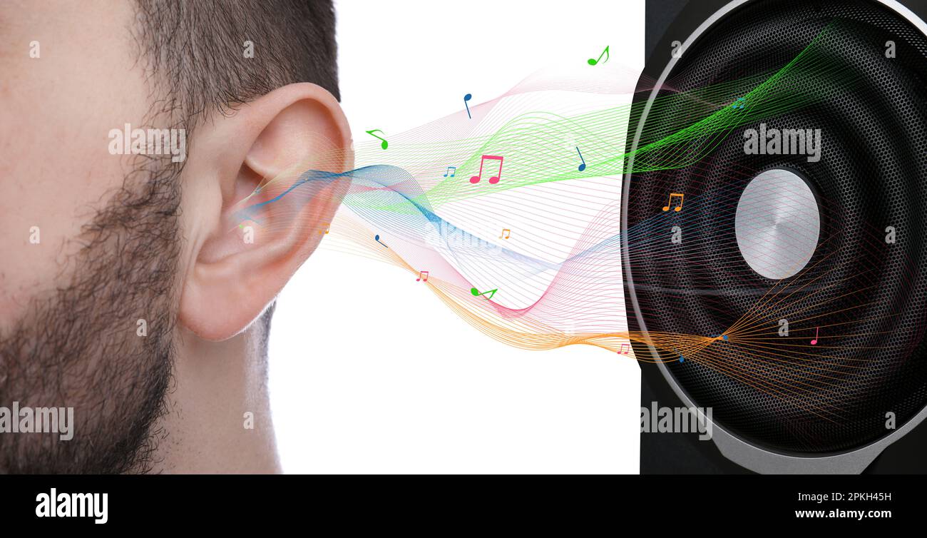 Modern audio speaker and man listening to music on white background ...