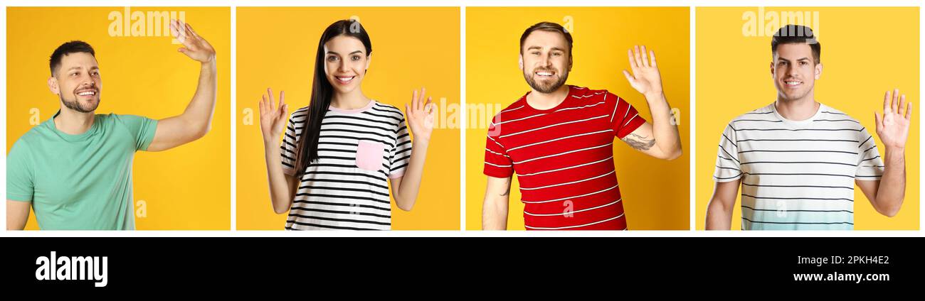 Collage with photos of cheerful people showing hello gesture on yellow ...