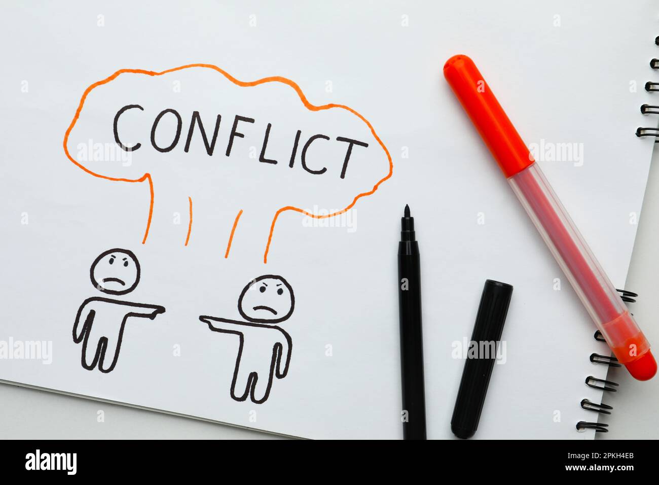 Conflict concept. Drawn explosion cloud over two annoyed humans ...