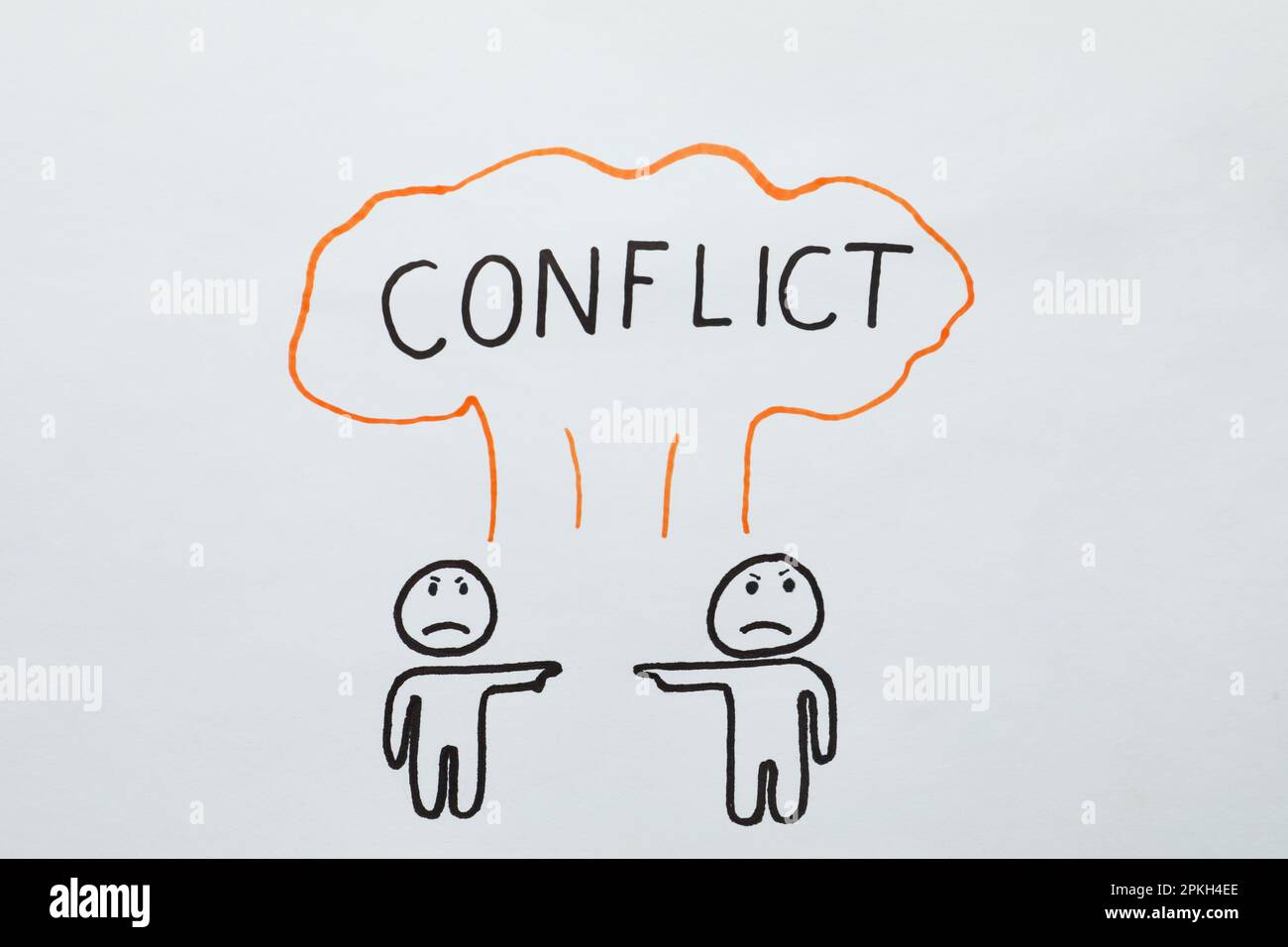 Conflict concept. Drawn explosion cloud over two annoyed humans ...