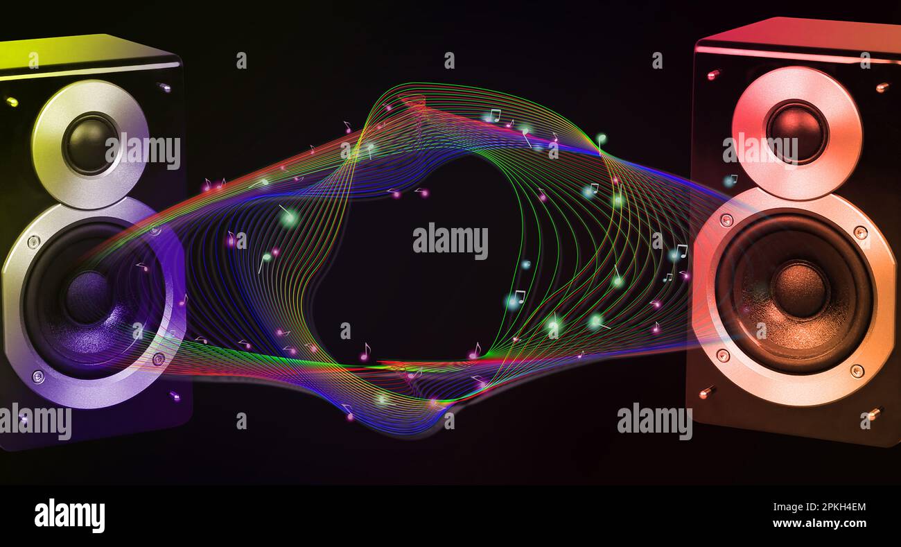 Modern powerful audio speakers and sound waves on dark background Stock ...