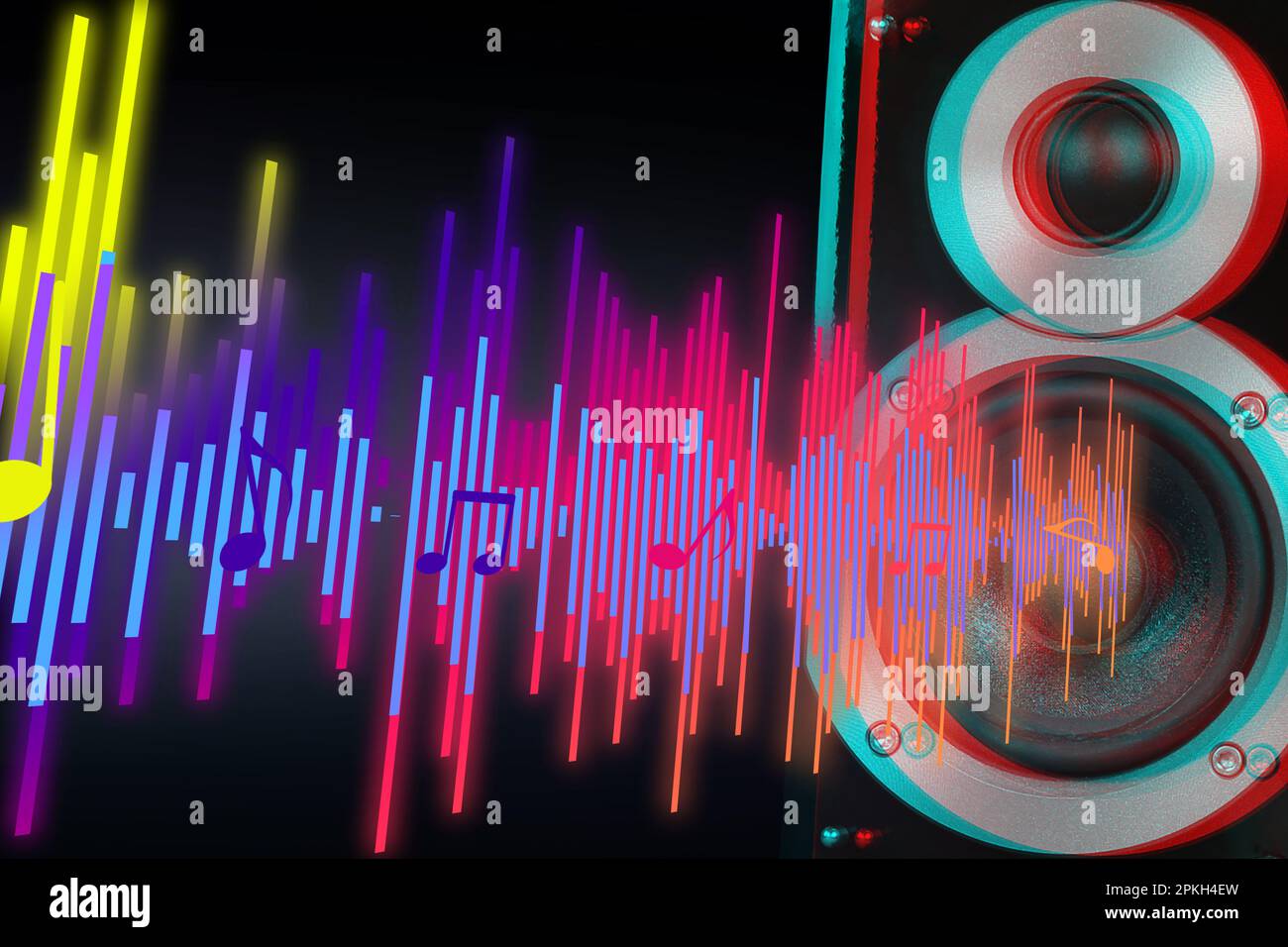 Modern powerful audio speaker and sound waves on dark background Stock ...