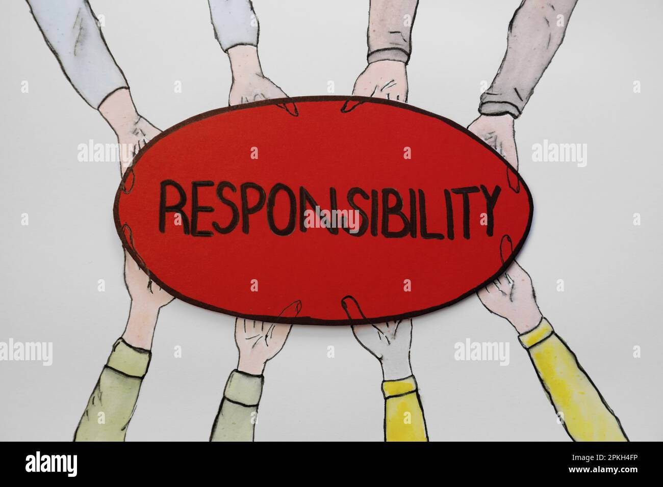 Drawing of people holding card with word Responsibility on white ...