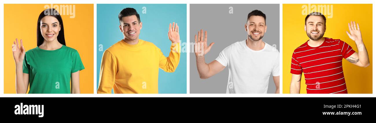 Collage with photos of cheerful people showing hello gesture on ...