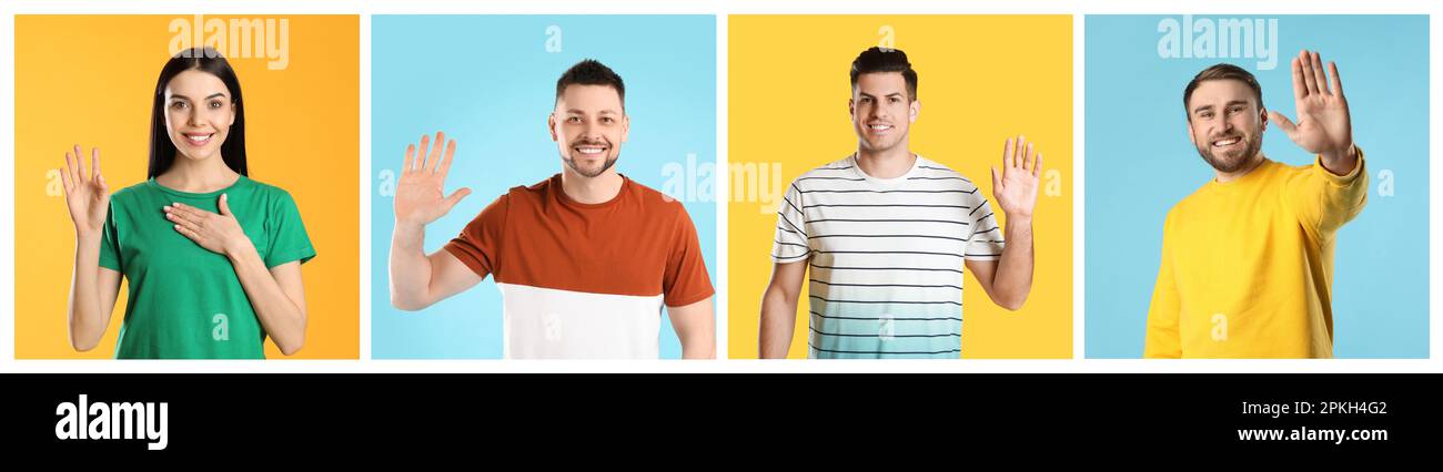 Collage with photos of cheerful people showing hello gesture on ...