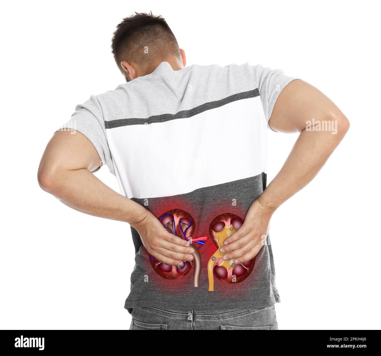 Man suffering from kidney pain on white background Stock Photo - Alamy