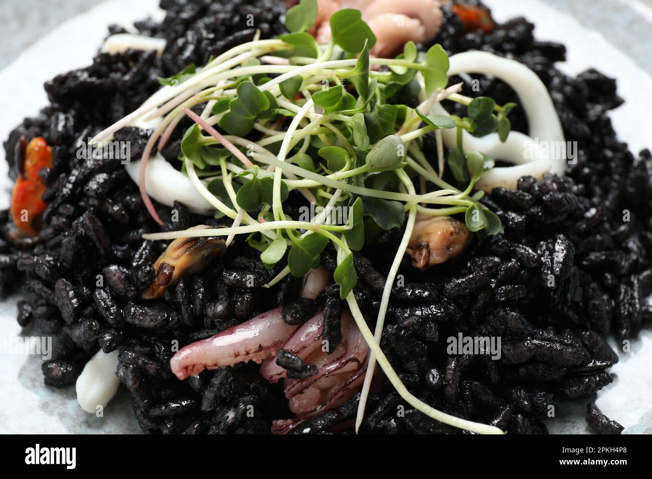 Delicious black risotto with seafood in plate, closeup Stock Photo - Alamy